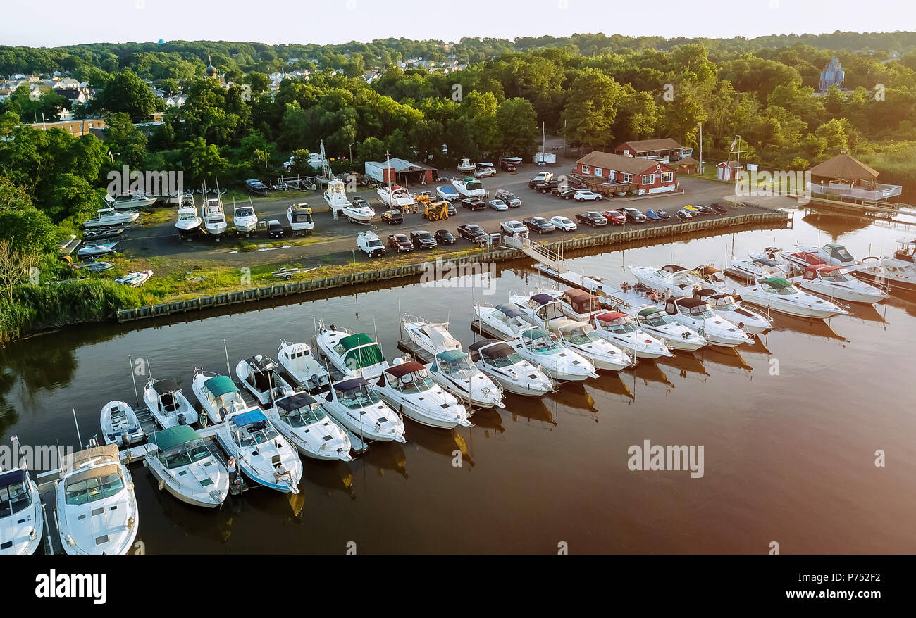 Marine station view of the small seaport and boats Stock Photo - Alamy
