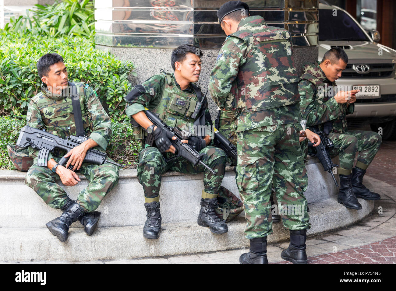 Thai military resting on city streets during military coup, Bangkok ...