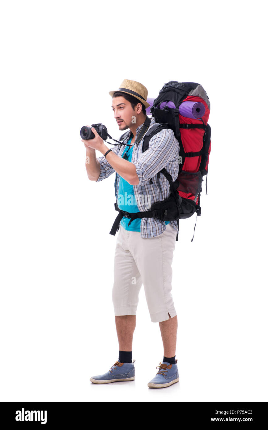 Backpacker with camera isolated on white background Stock Photo - Alamy