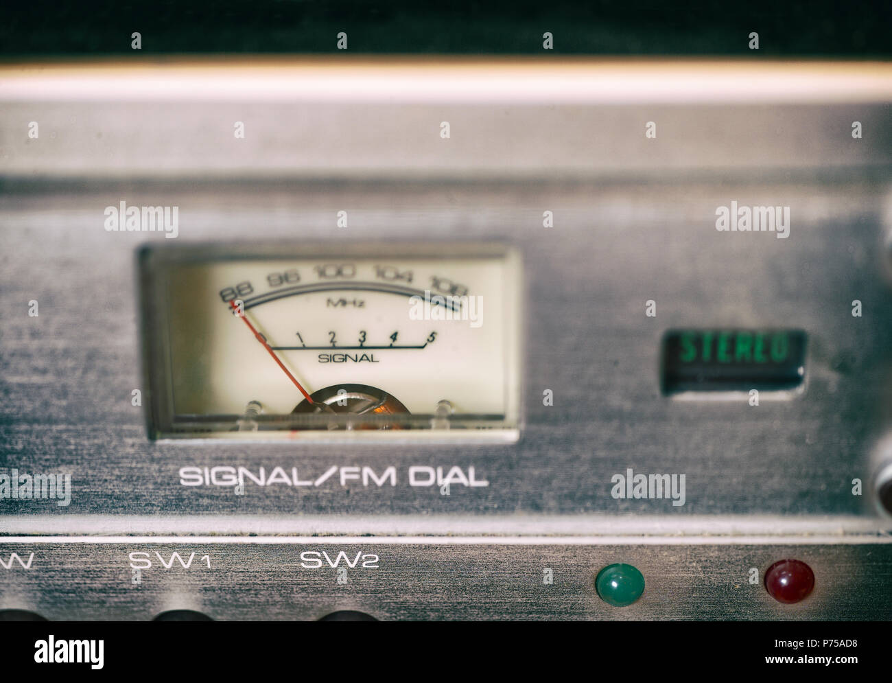 Filtered macro shot of a signal level indicator ona stereo music center ...