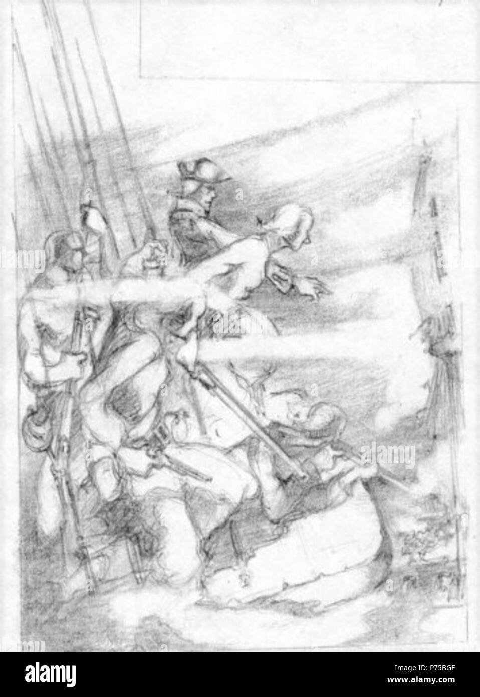 English: Captain Edward Stack's Marines in the main top of the Bonne ...