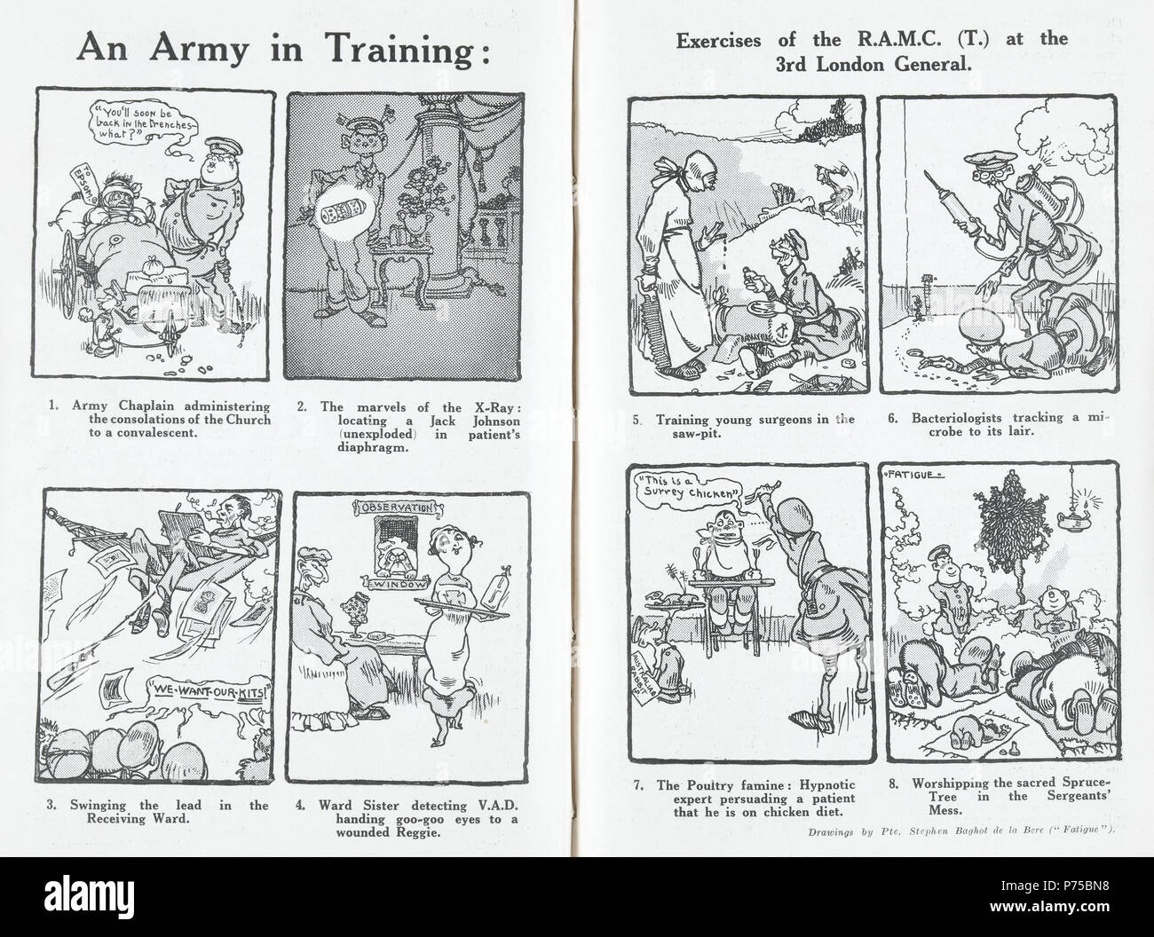 . Cartoons: 'An army in training: exercises of the RAMC...' . 'An army ...