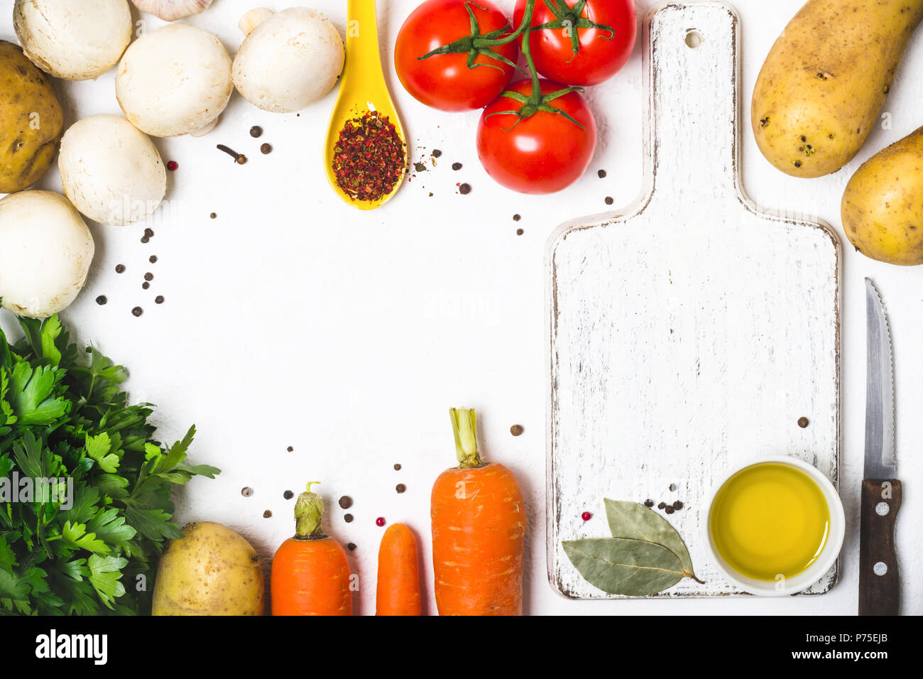 Food cooking background. Fresh vegetables, spices and mushrooms on ...
