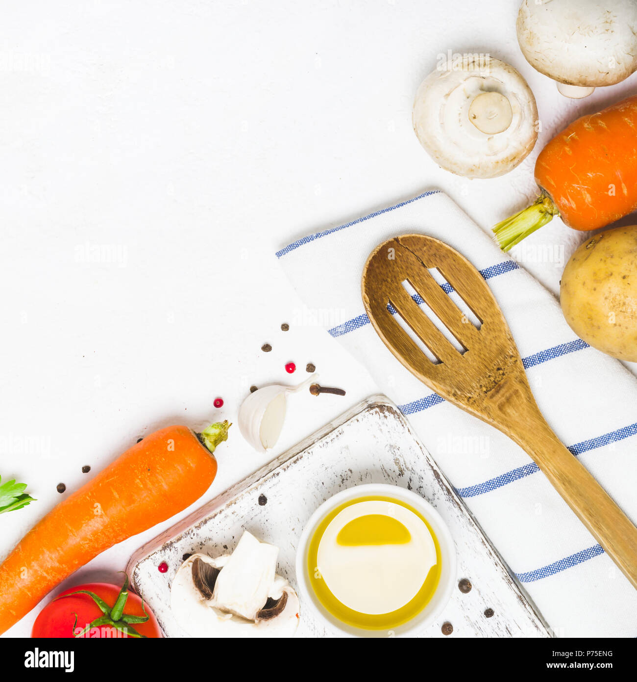 Food cooking background. Fresh vegetables, spices and mushrooms on ...