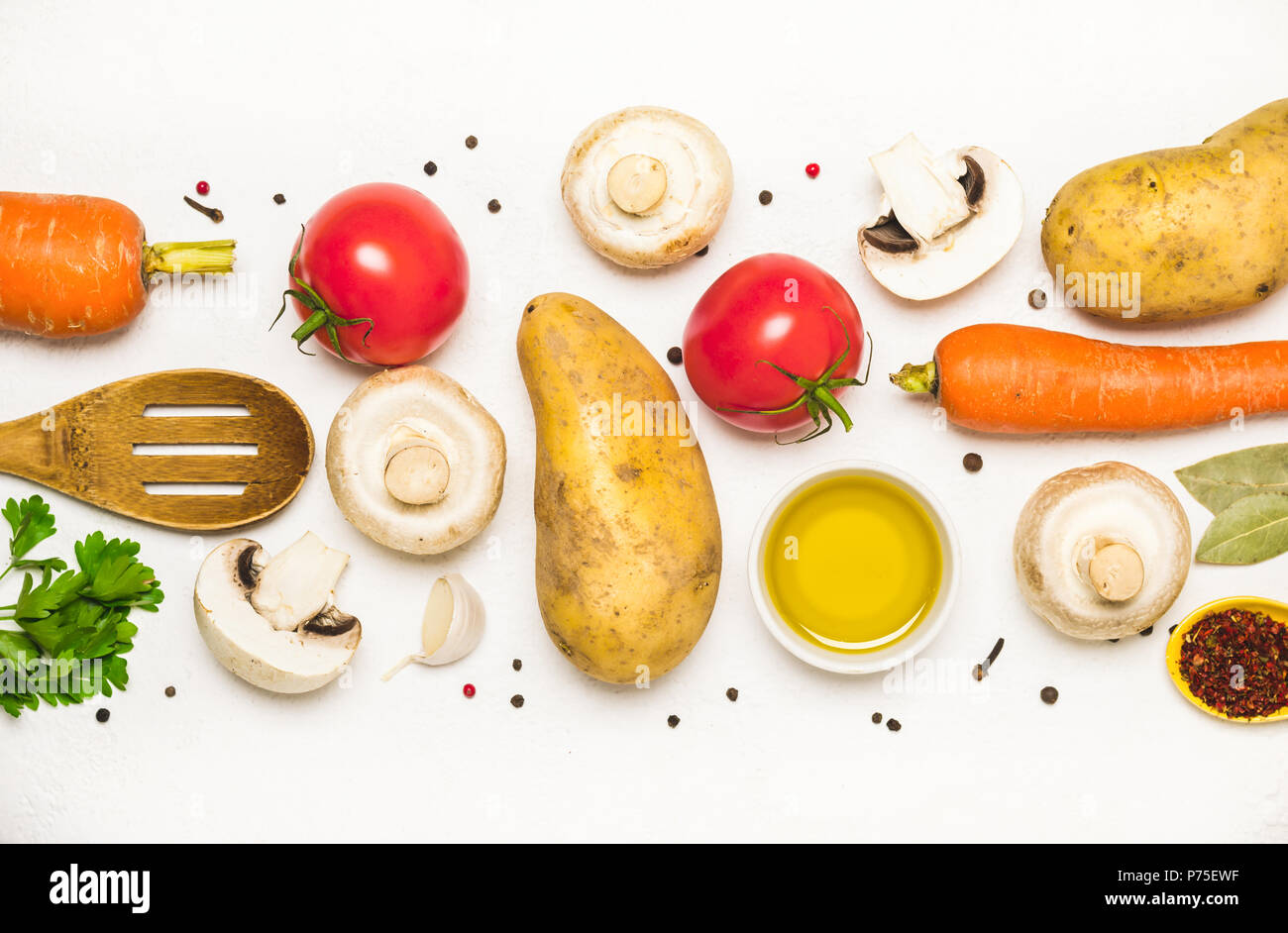 Food cooking background. Fresh vegetables, spices and mushrooms on ...