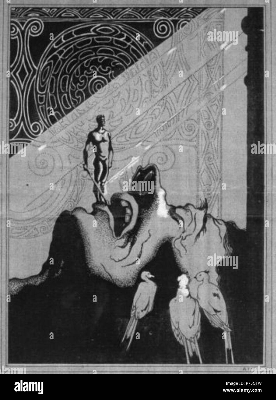 English: Hawaiian mythological scene with warrior on the head of a ...