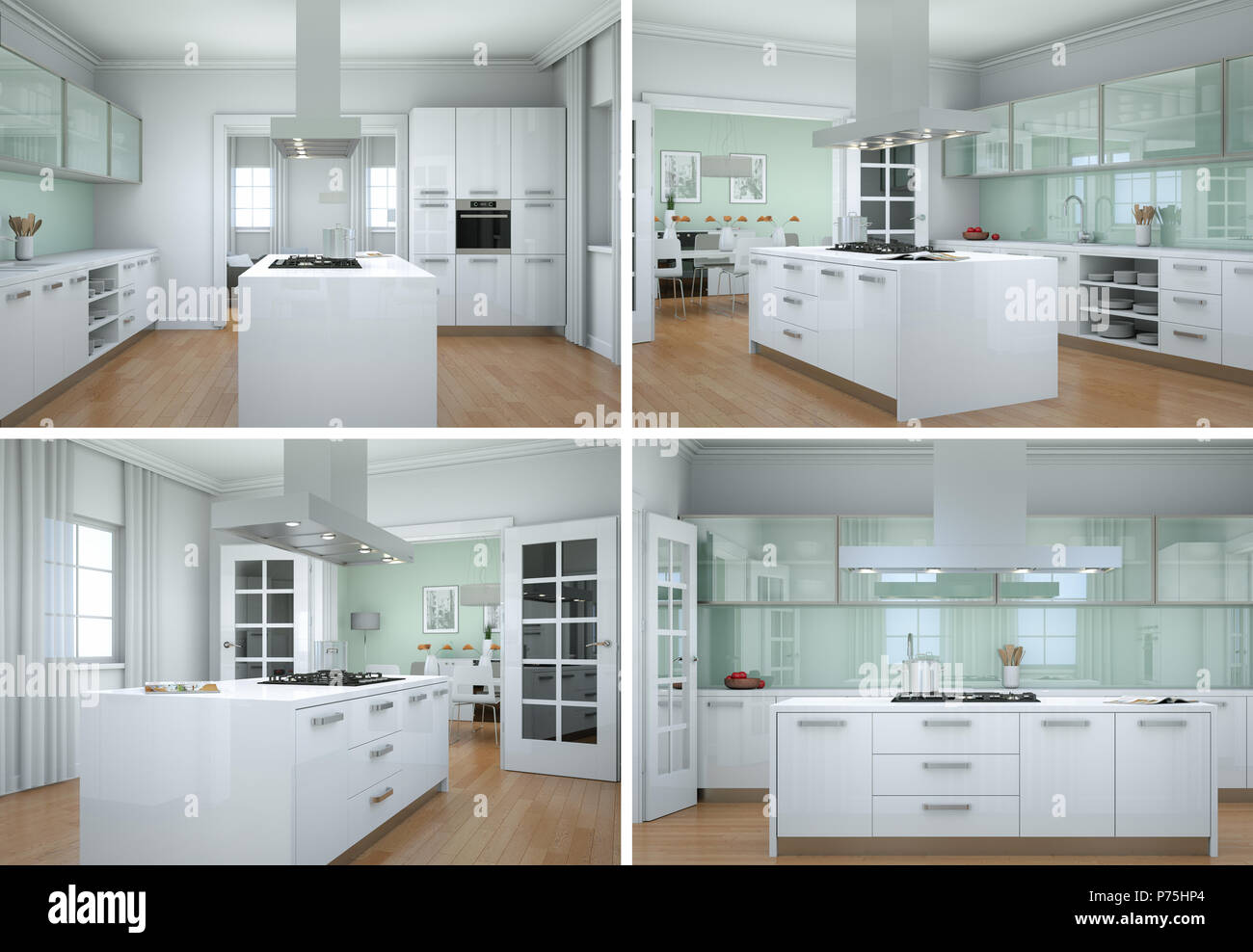 four views of modern kitchen with a beautiful design Stock Photo - Alamy