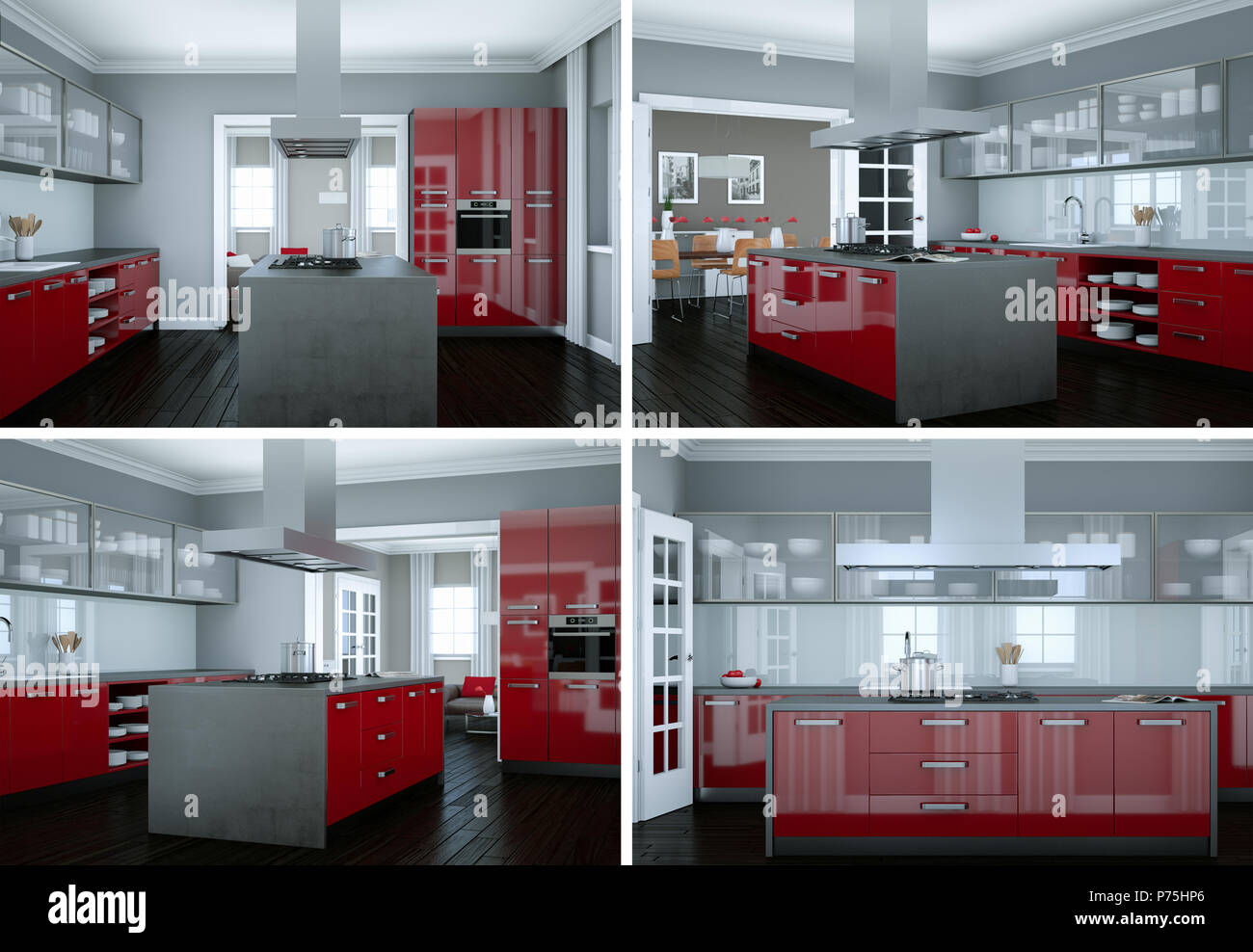 four views of modern kitchen with a beautiful design Stock Photo - Alamy