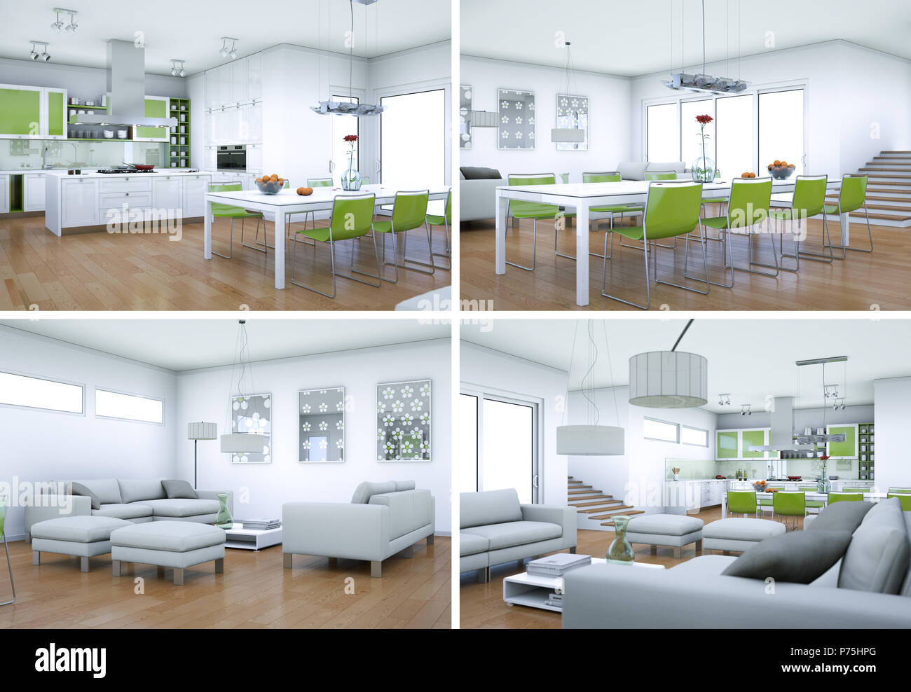 Four views of modern interior loft design Stock Photo - Alamy