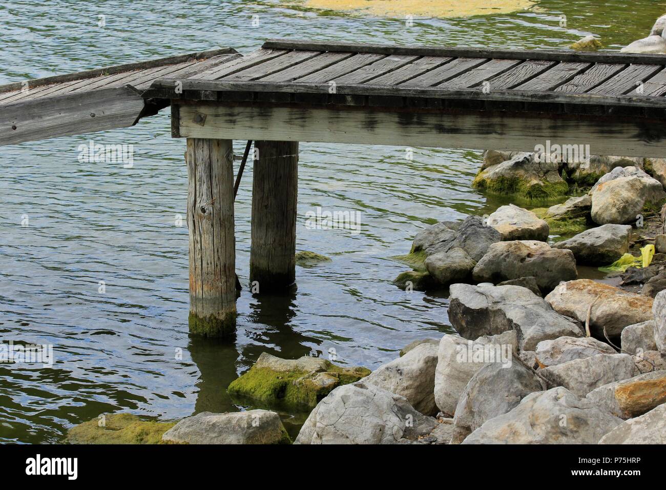 Fishing Dock shot closeup with Moss and water with rock's Stock Photo ...