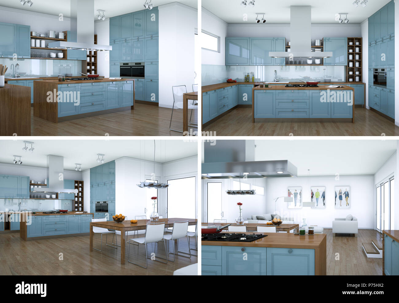 four views of modern kitchen with a beautiful design Stock Photo - Alamy