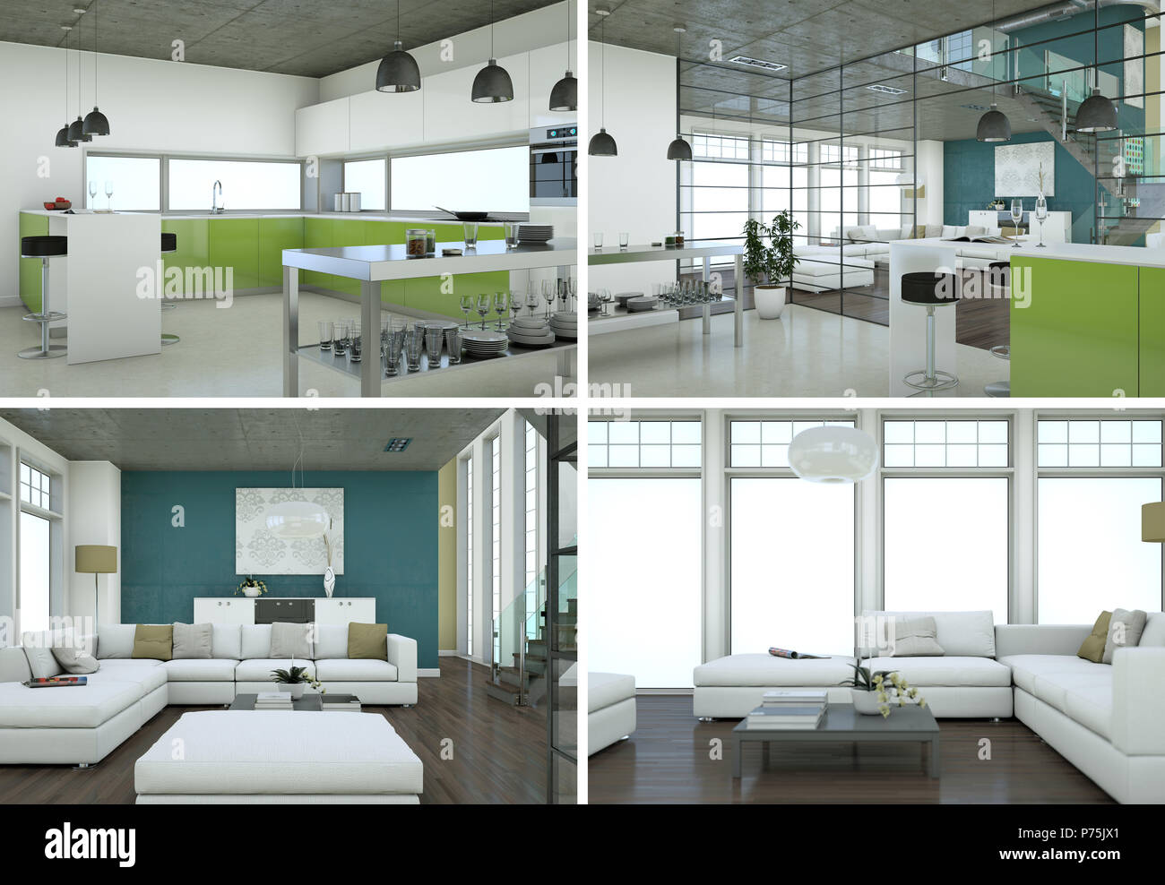 Four views of modern interior loft design Stock Photo - Alamy