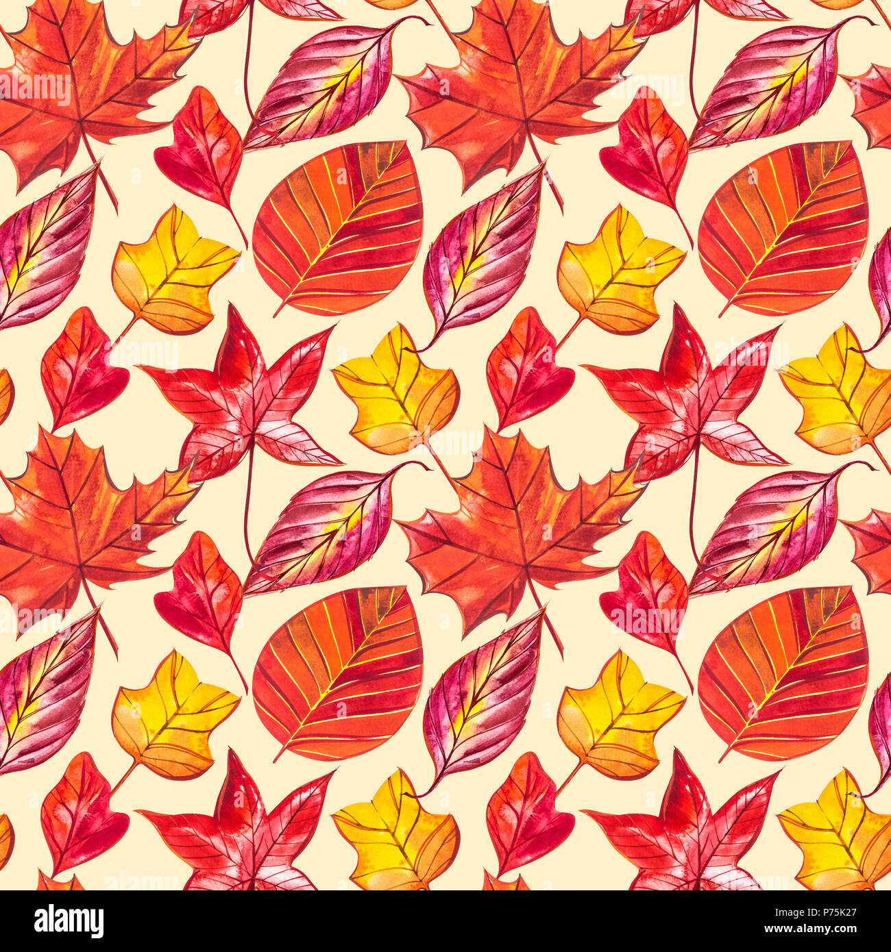 Red and Orange Autumn Leaves Background. Watercolor seamless pattern ...