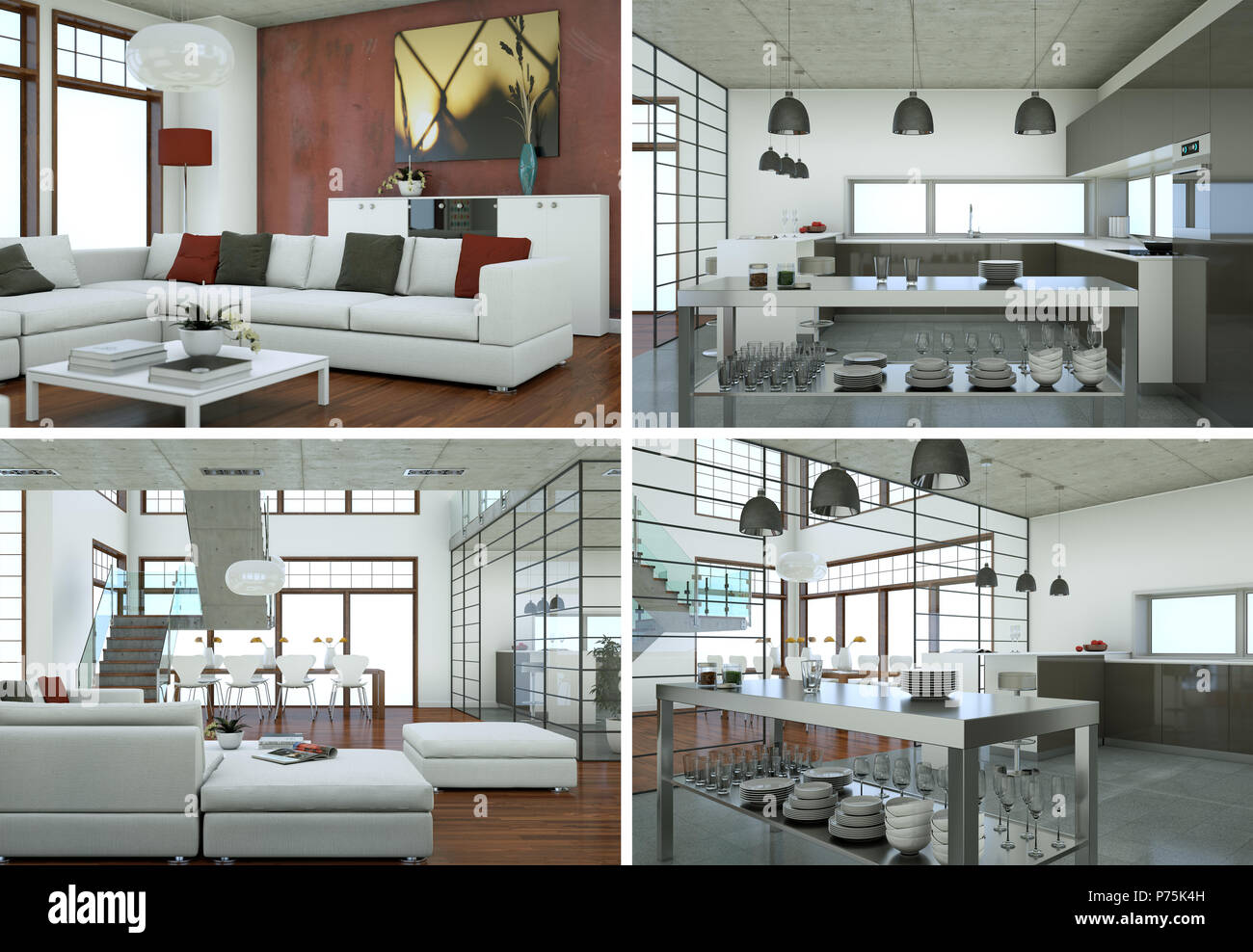 Four views of modern interior loft design Stock Photo - Alamy