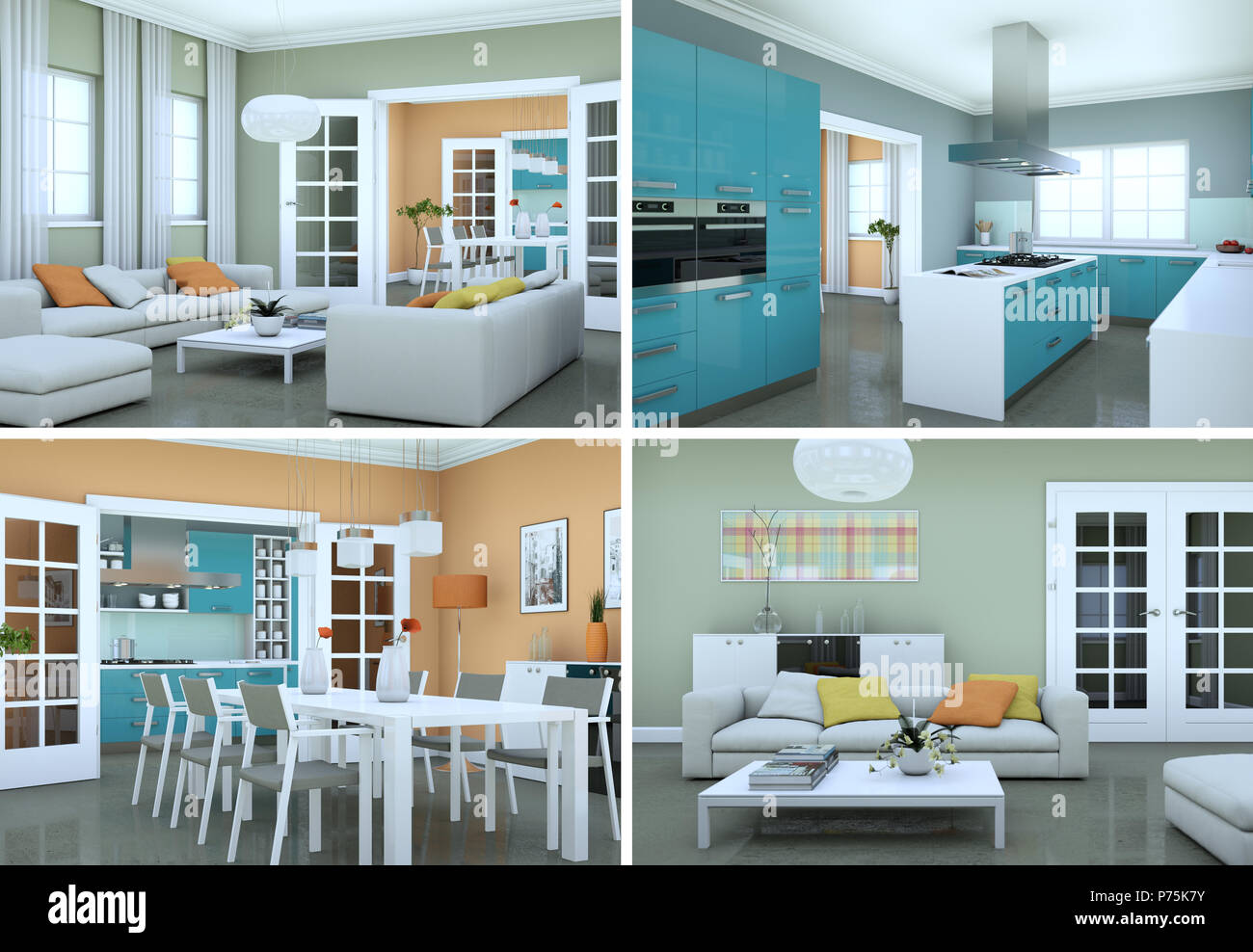 Four views of modern interior loft design Stock Photo - Alamy