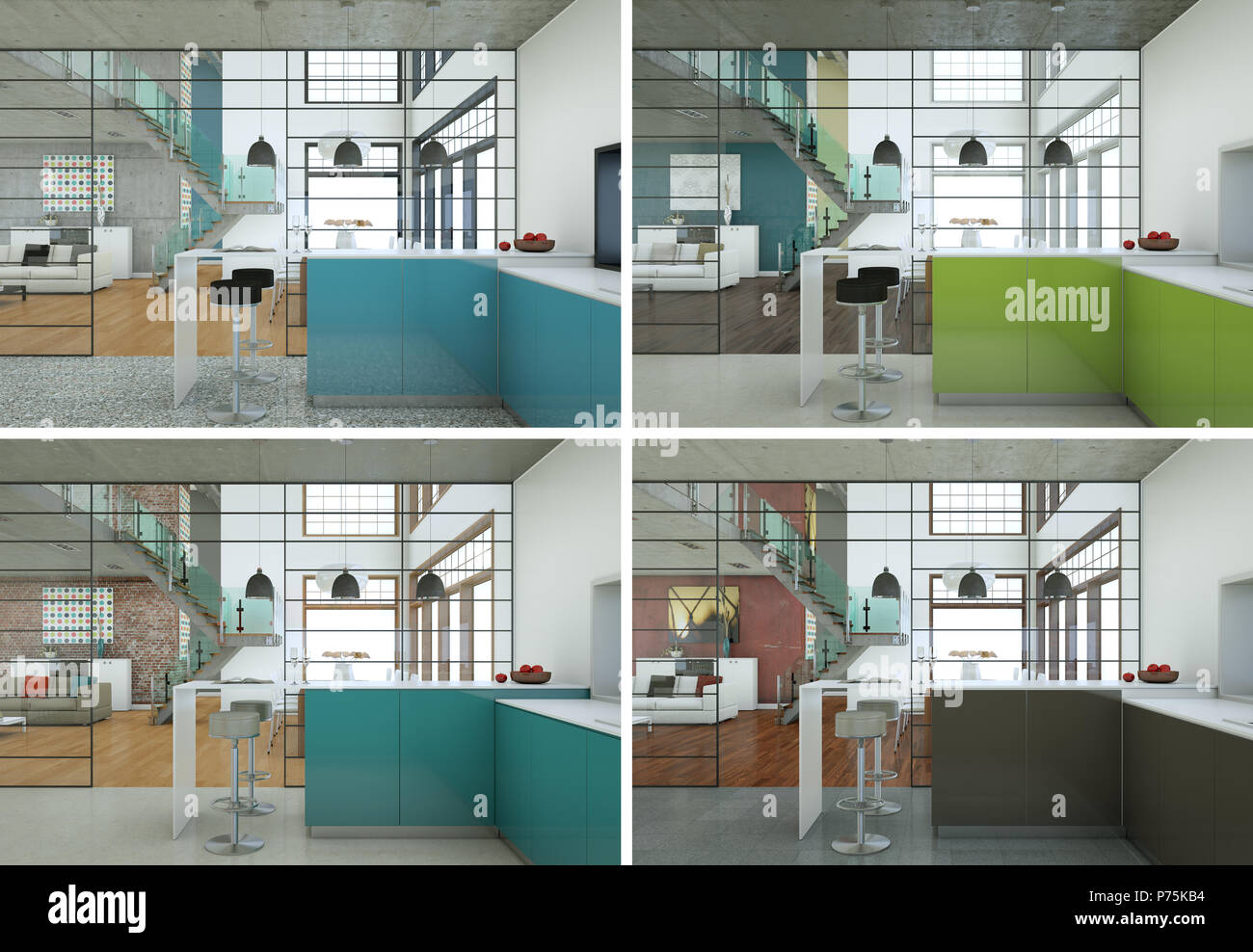 four views of modern kitchen with a beautiful design Stock Photo - Alamy