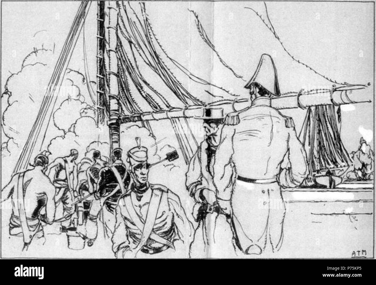 English: Marines in Gunboats, ink drawing by Arman Manookian, Honolulu ...