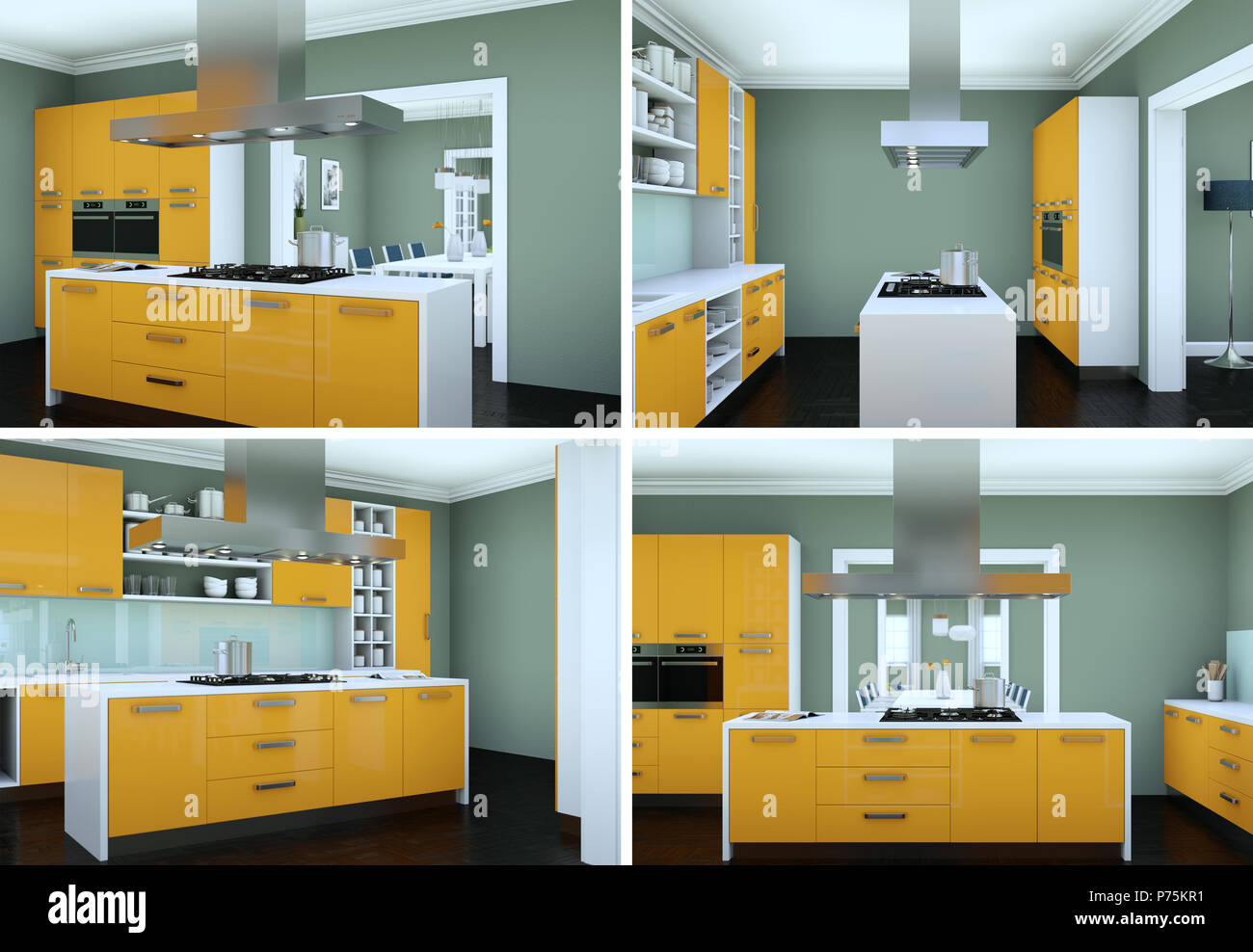 four views of modern kitchen with a beautiful design Stock Photo - Alamy