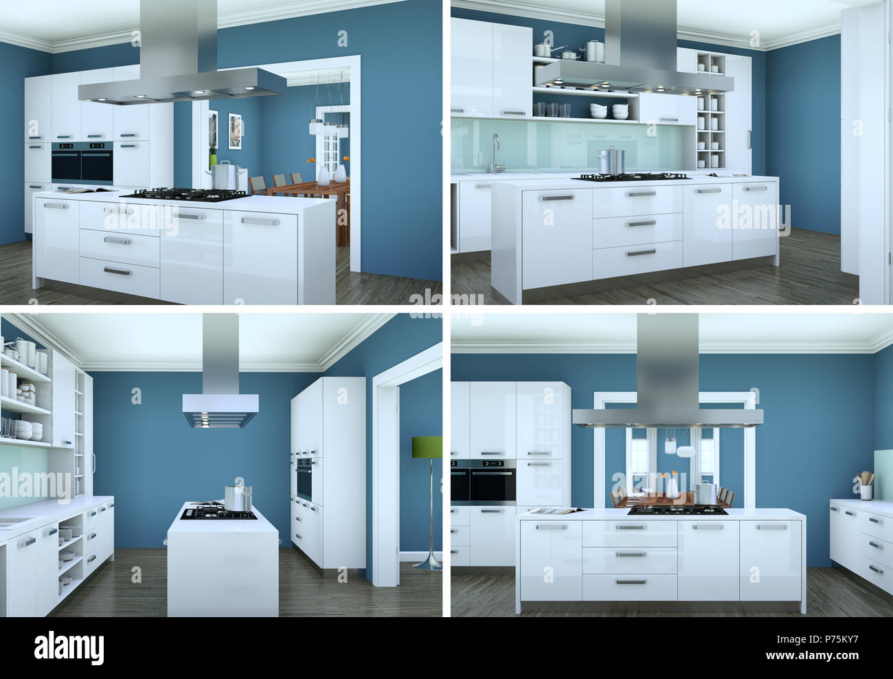 four views of modern kitchen with a beautiful design Stock Photo - Alamy