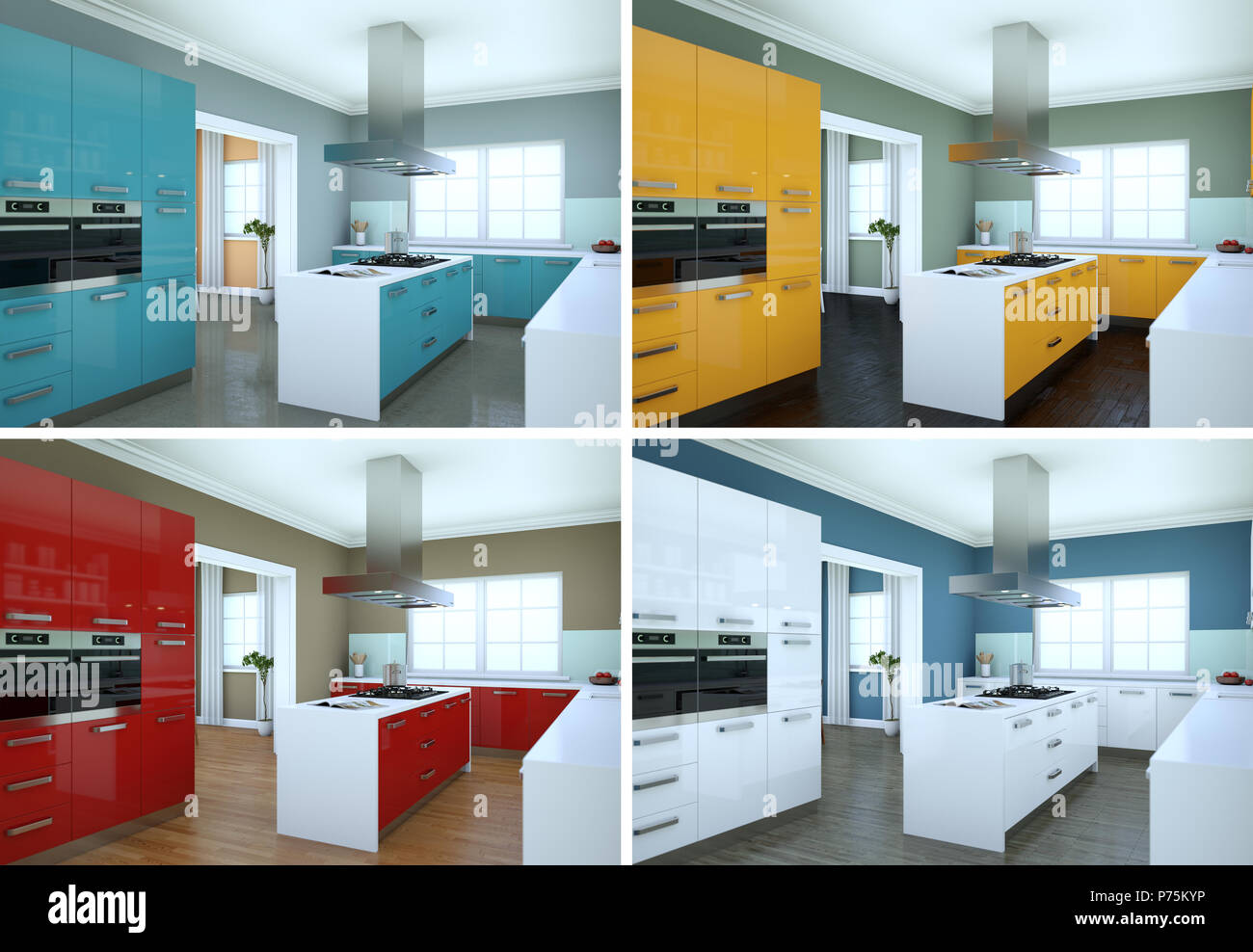 four views of modern kitchen with a beautiful design Stock Photo - Alamy