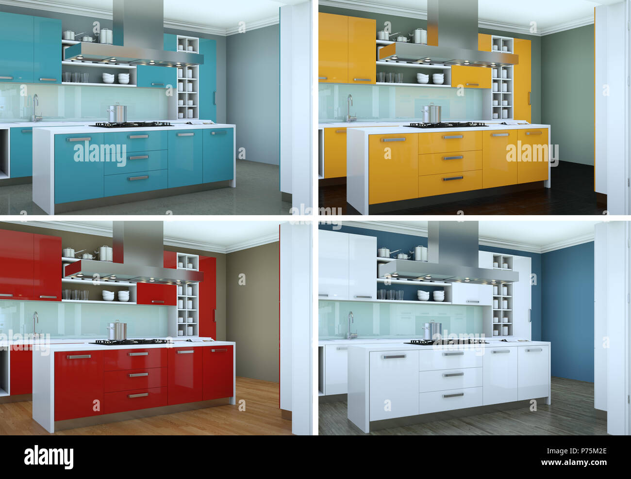 four views of modern kitchen with a beautiful design Stock Photo - Alamy