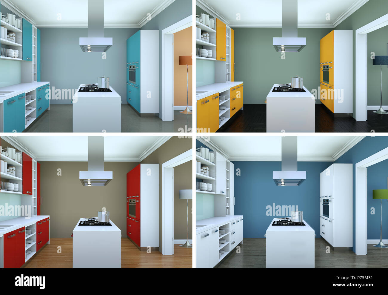 four views of modern kitchen with a beautiful design Stock Photo - Alamy
