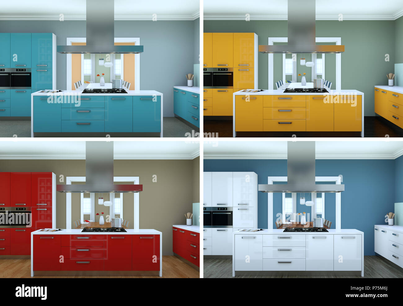 four views of modern kitchen with a beautiful design Stock Photo - Alamy