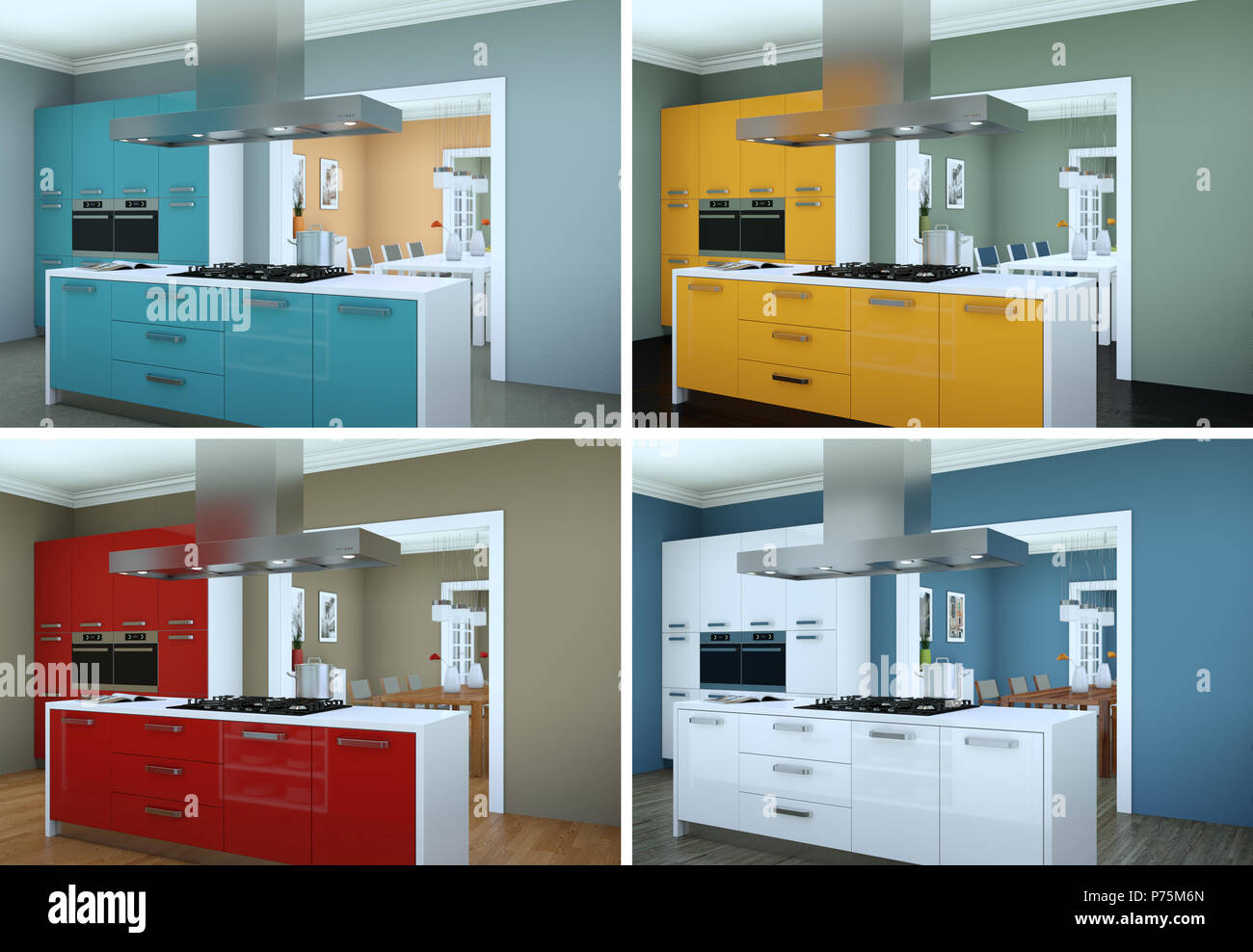 four views of modern kitchen with a beautiful design Stock Photo - Alamy