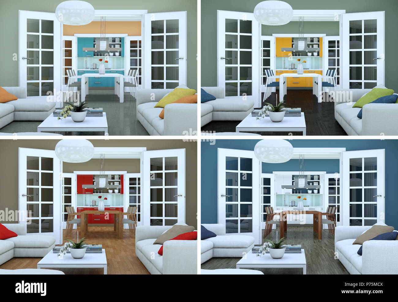 Four color variations of modern interior loft design Stock Photo - Alamy