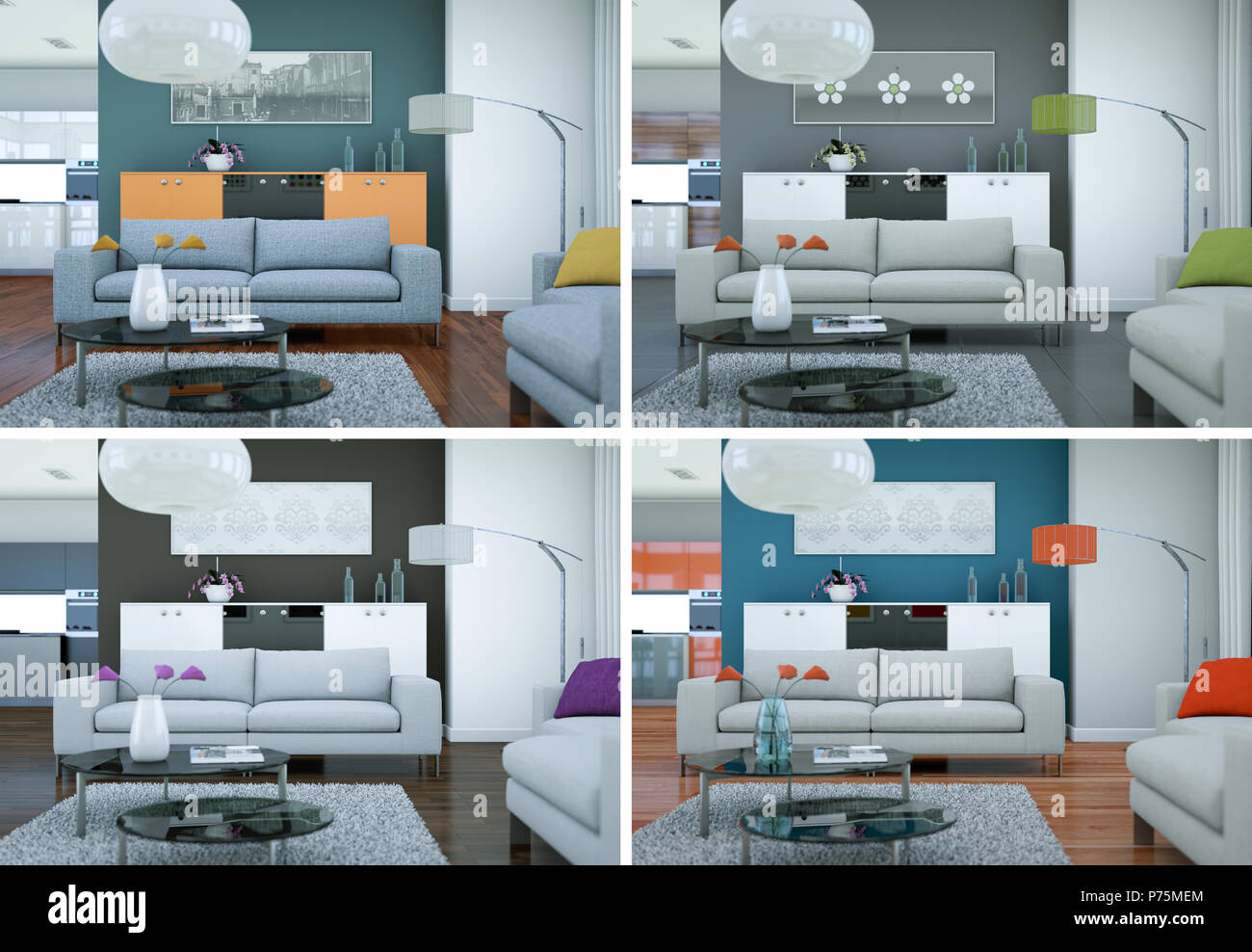 Four color variations of modern interior loft design Stock Photo - Alamy