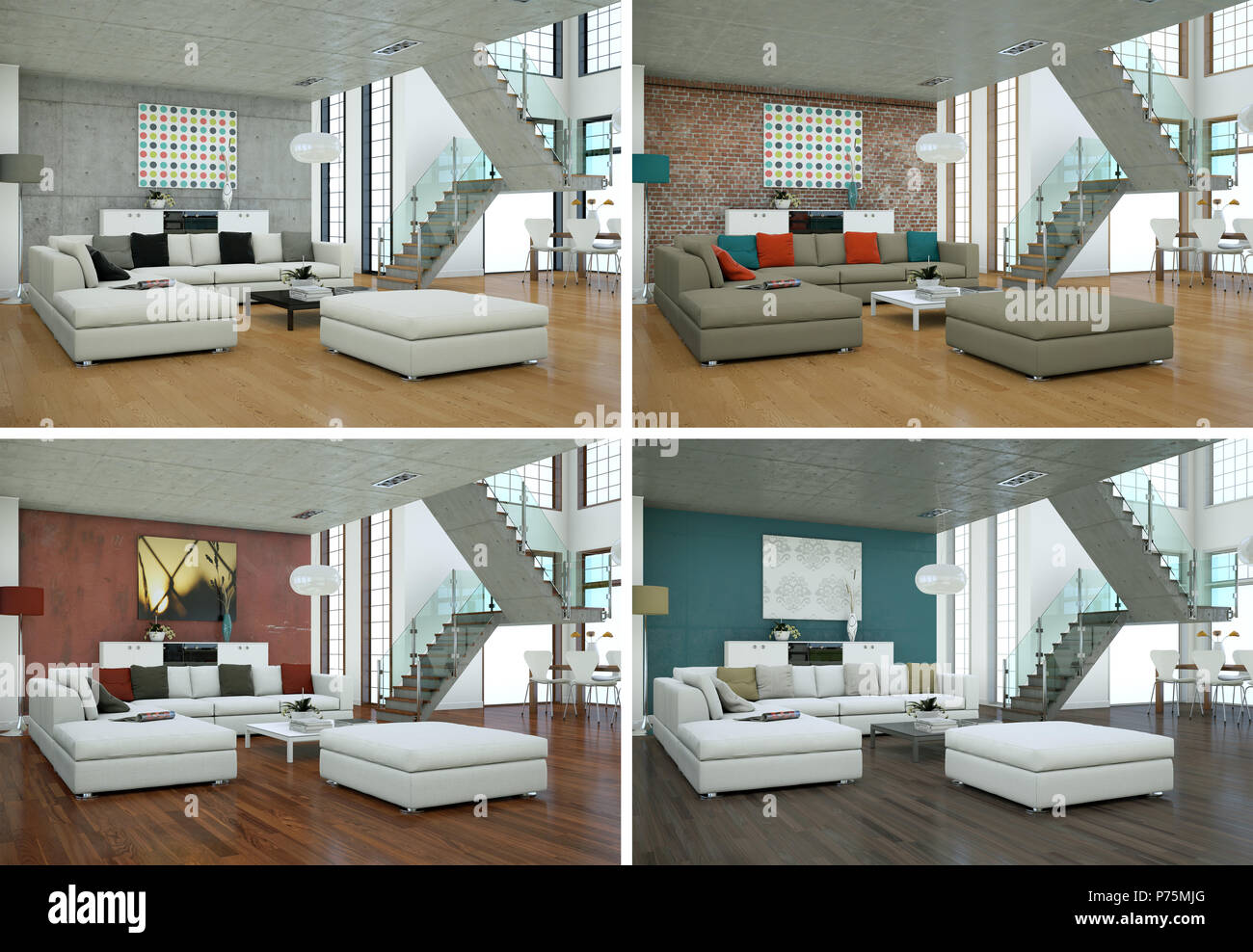 Four color variations of modern interior loft design Stock Photo - Alamy