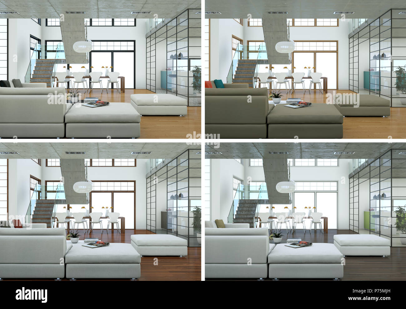 Four color variations of modern interior loft design Stock Photo - Alamy