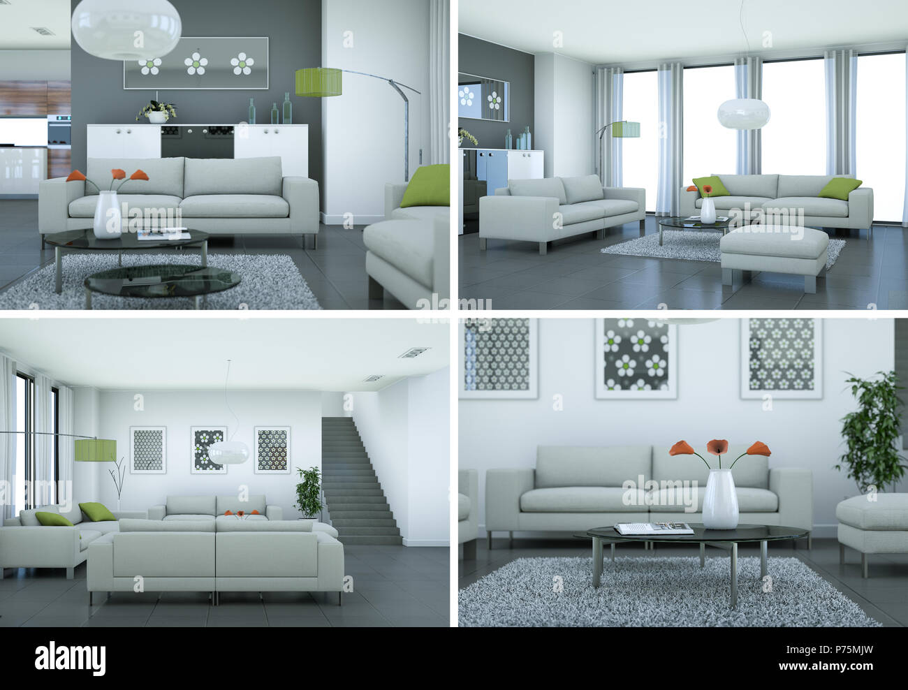Four views of modern interior loft design Stock Photo - Alamy