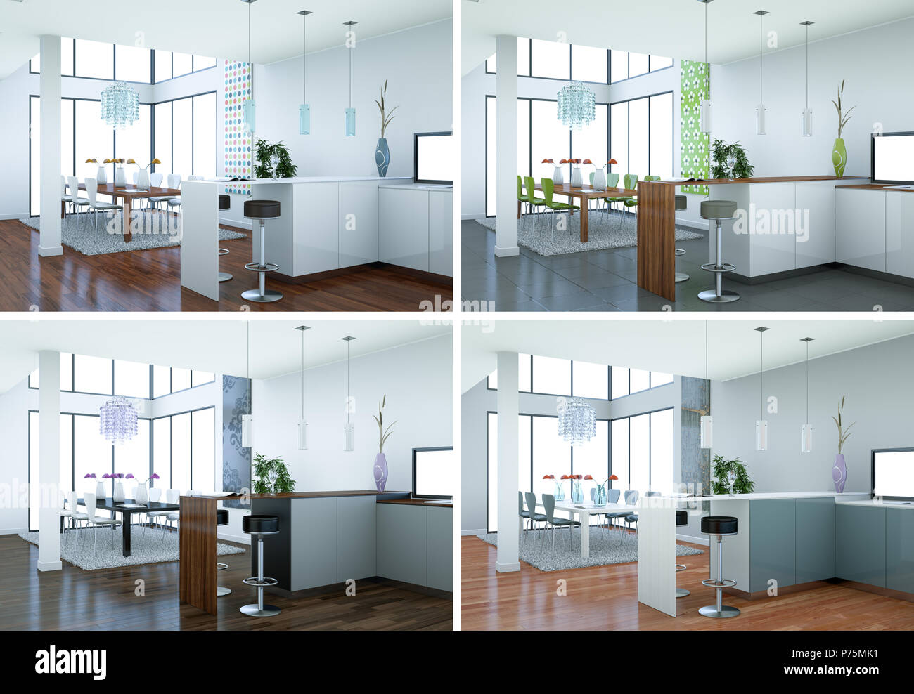 four views of modern kitchen with a beautiful design Stock Photo - Alamy