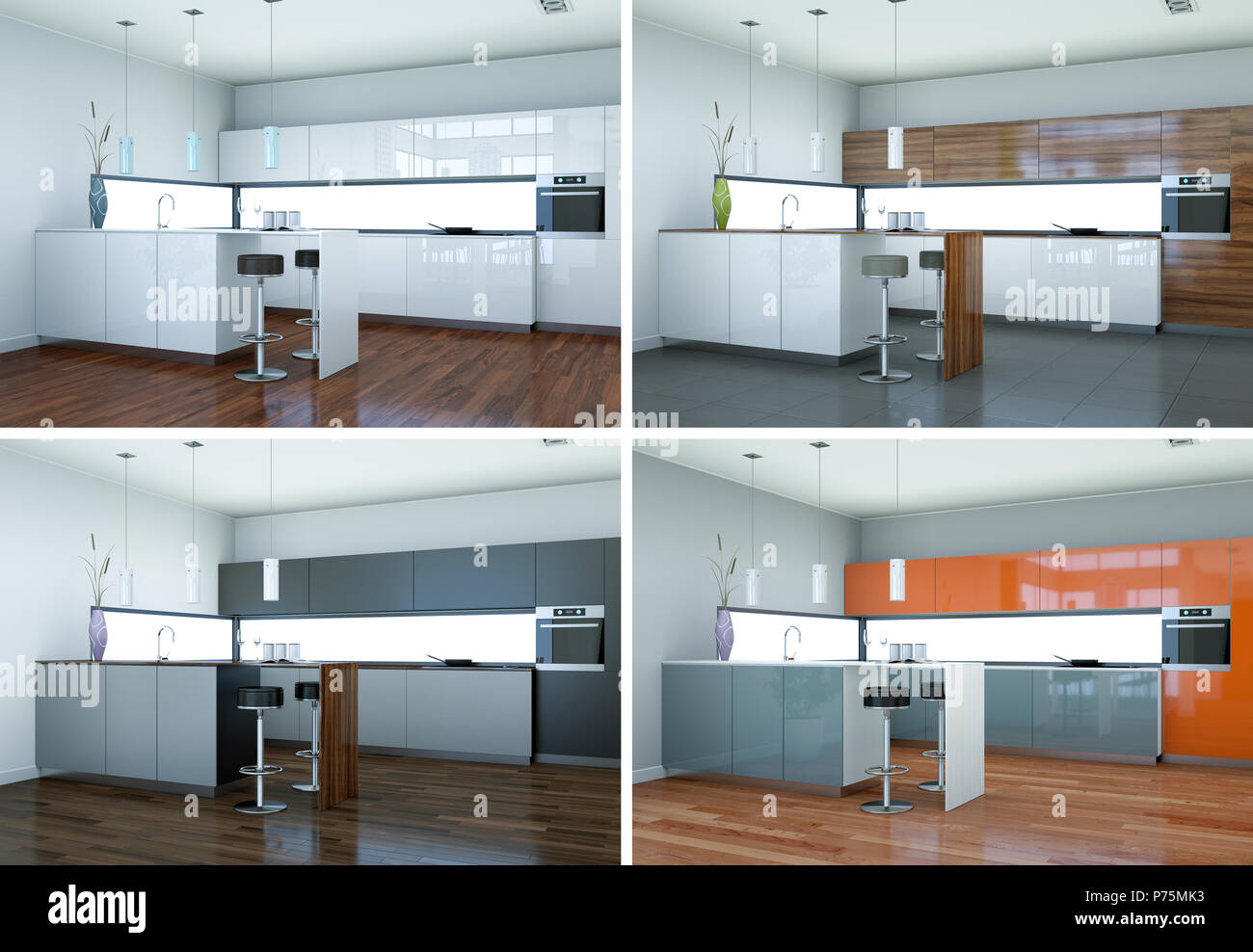 four views of modern kitchen with a beautiful design Stock Photo - Alamy