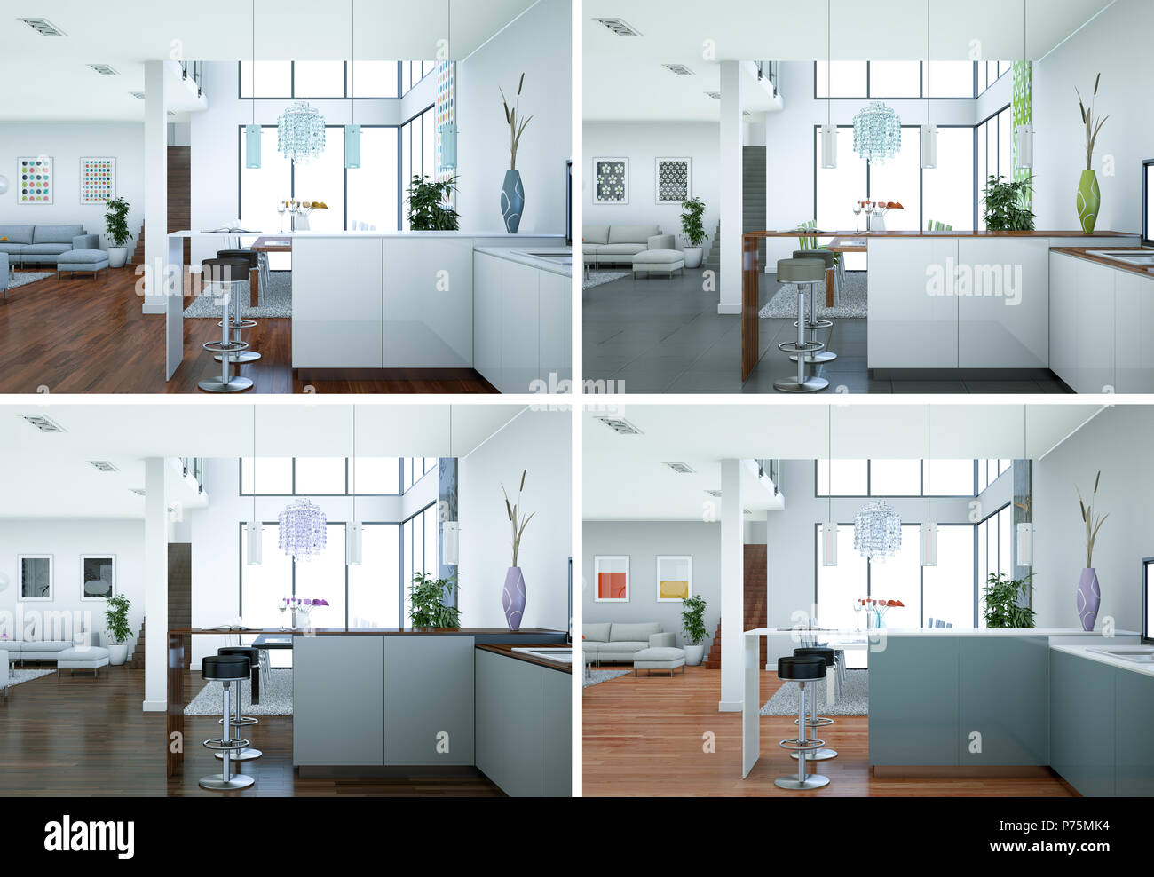 four views of modern kitchen with a beautiful design Stock Photo - Alamy