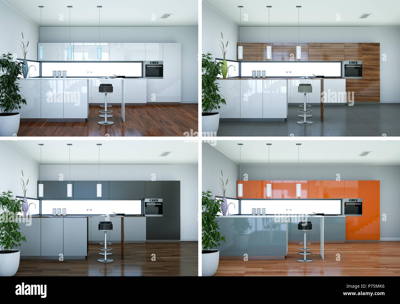 four views of modern kitchen with a beautiful design Stock Photo - Alamy