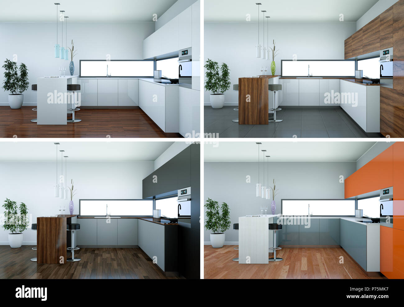 four views of modern kitchen with a beautiful design Stock Photo - Alamy