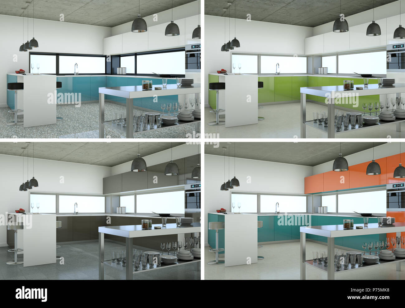 four views of modern kitchen with a beautiful design Stock Photo - Alamy