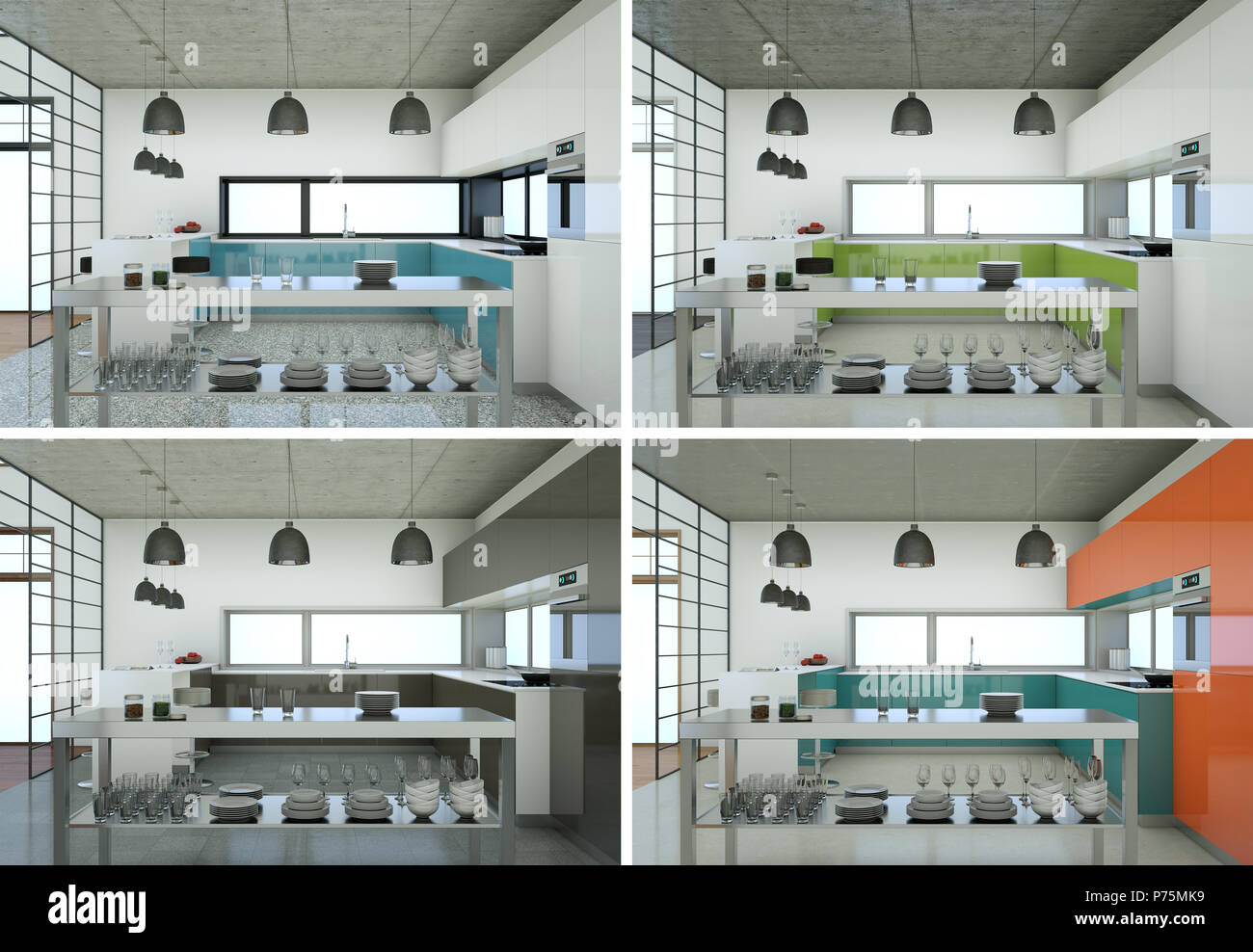 four views of modern kitchen with a beautiful design Stock Photo - Alamy