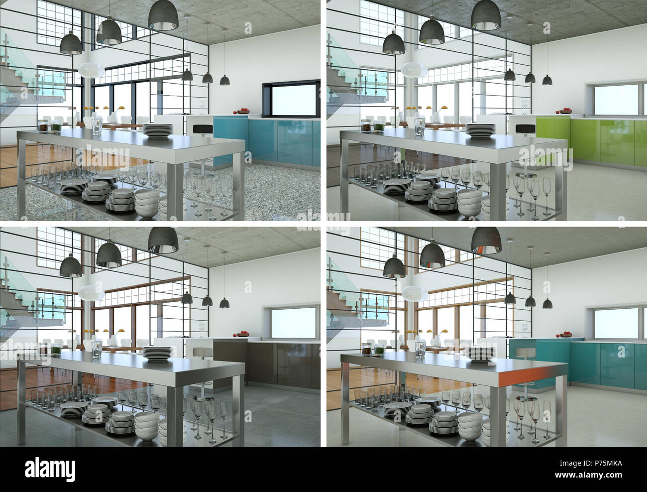 four views of modern kitchen with a beautiful design Stock Photo - Alamy