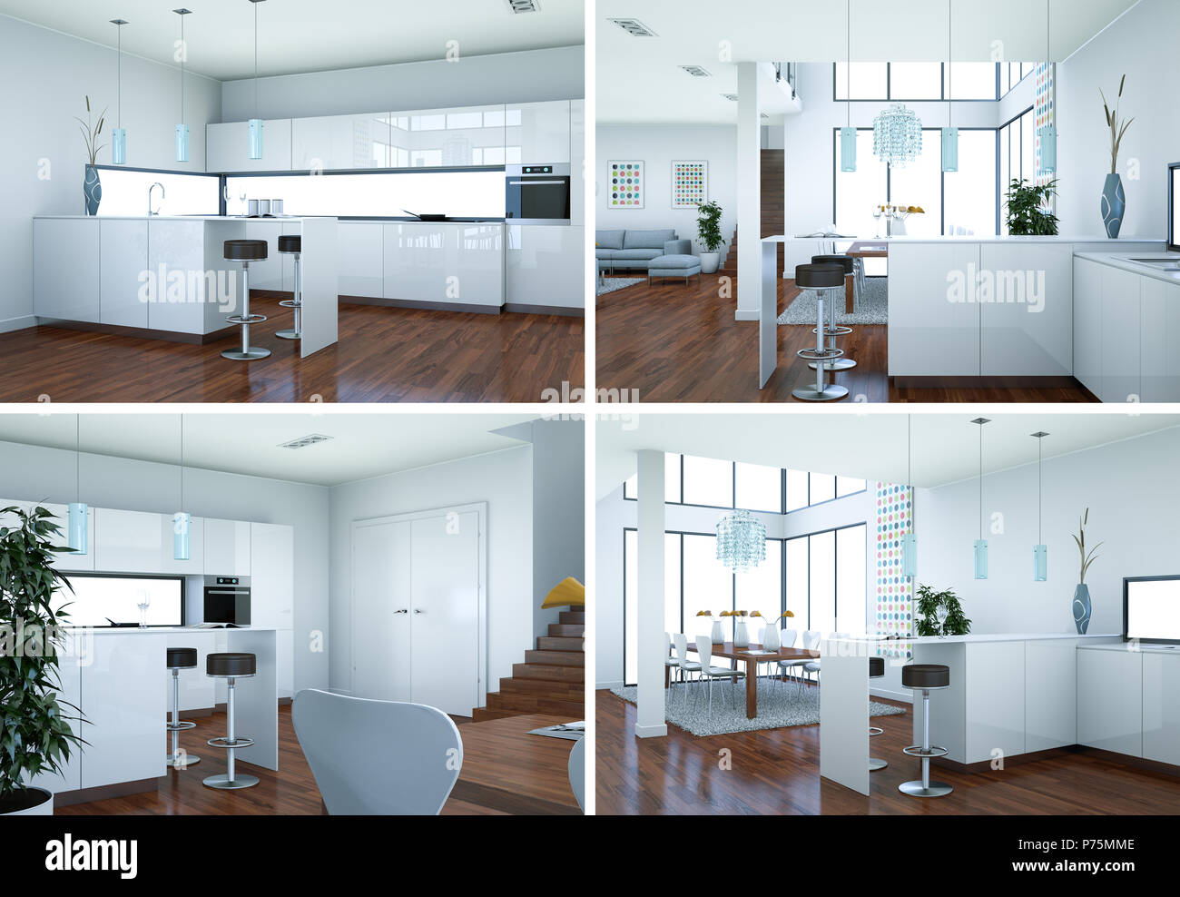 four views of modern kitchen with a beautiful design Stock Photo - Alamy
