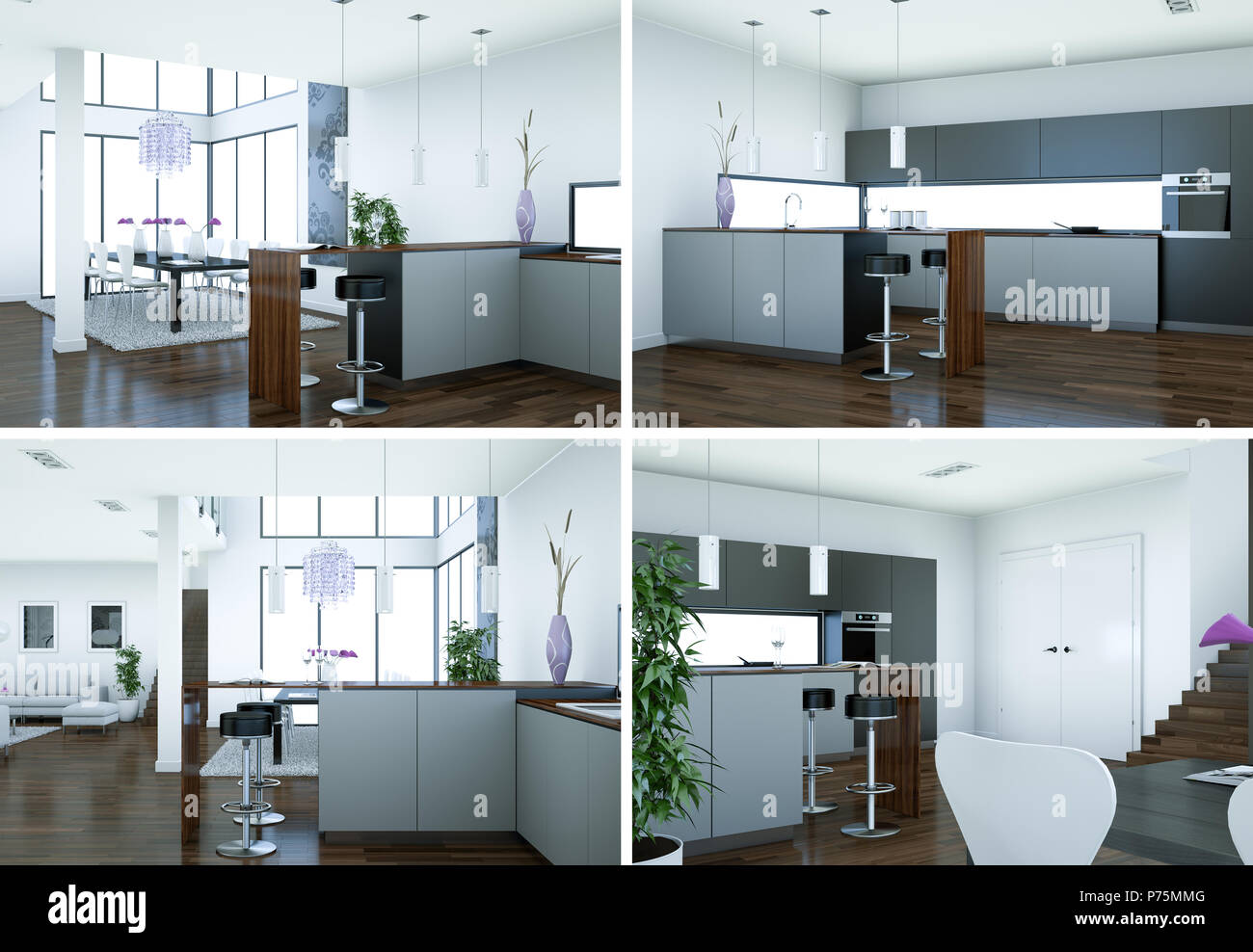 four views of modern kitchen with a beautiful design Stock Photo - Alamy