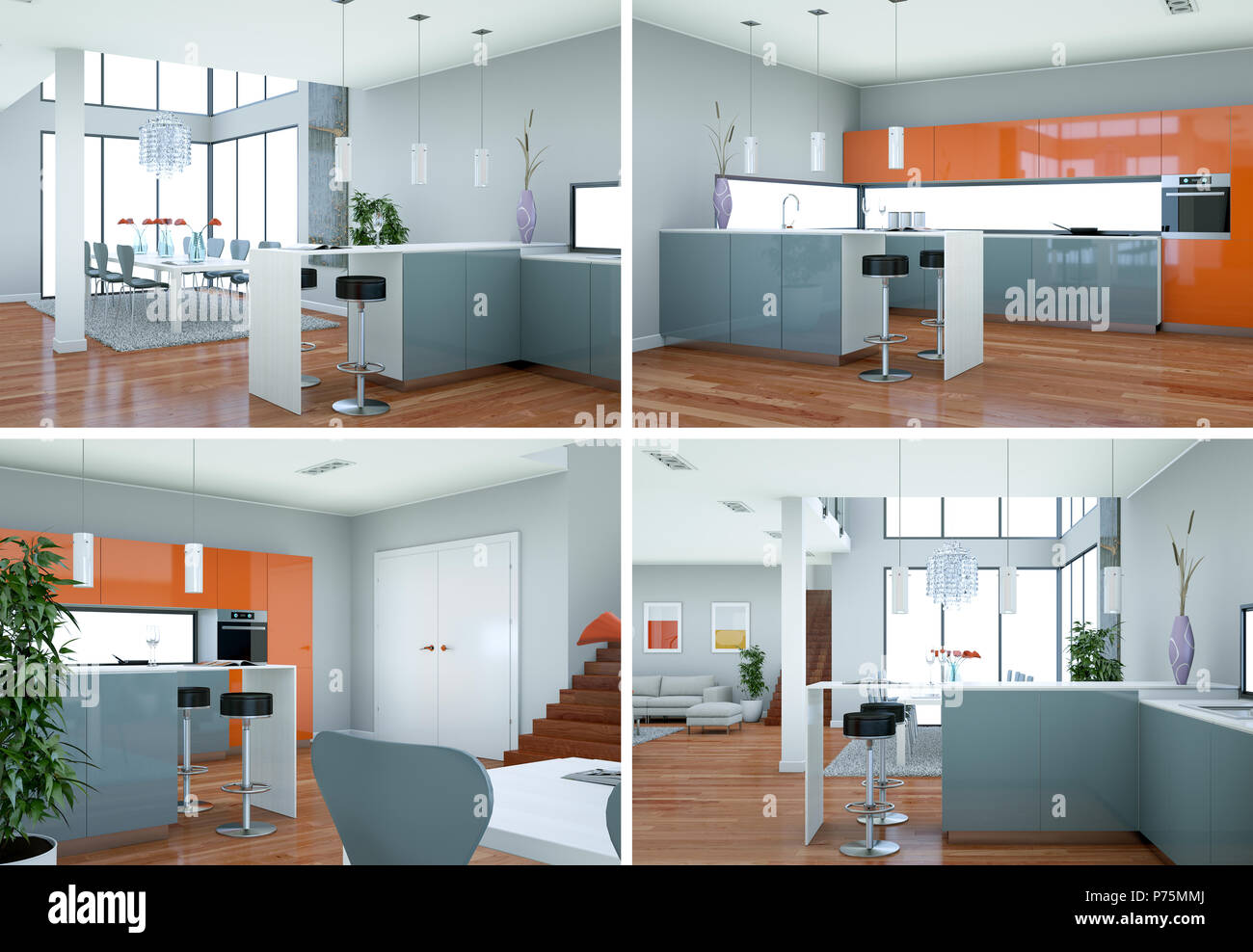 four views of modern kitchen with a beautiful design Stock Photo - Alamy