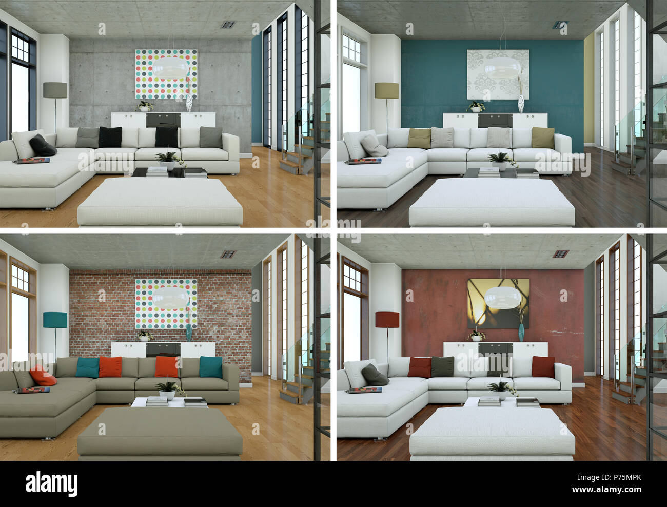 Four color variations of modern interior loft design Stock Photo - Alamy