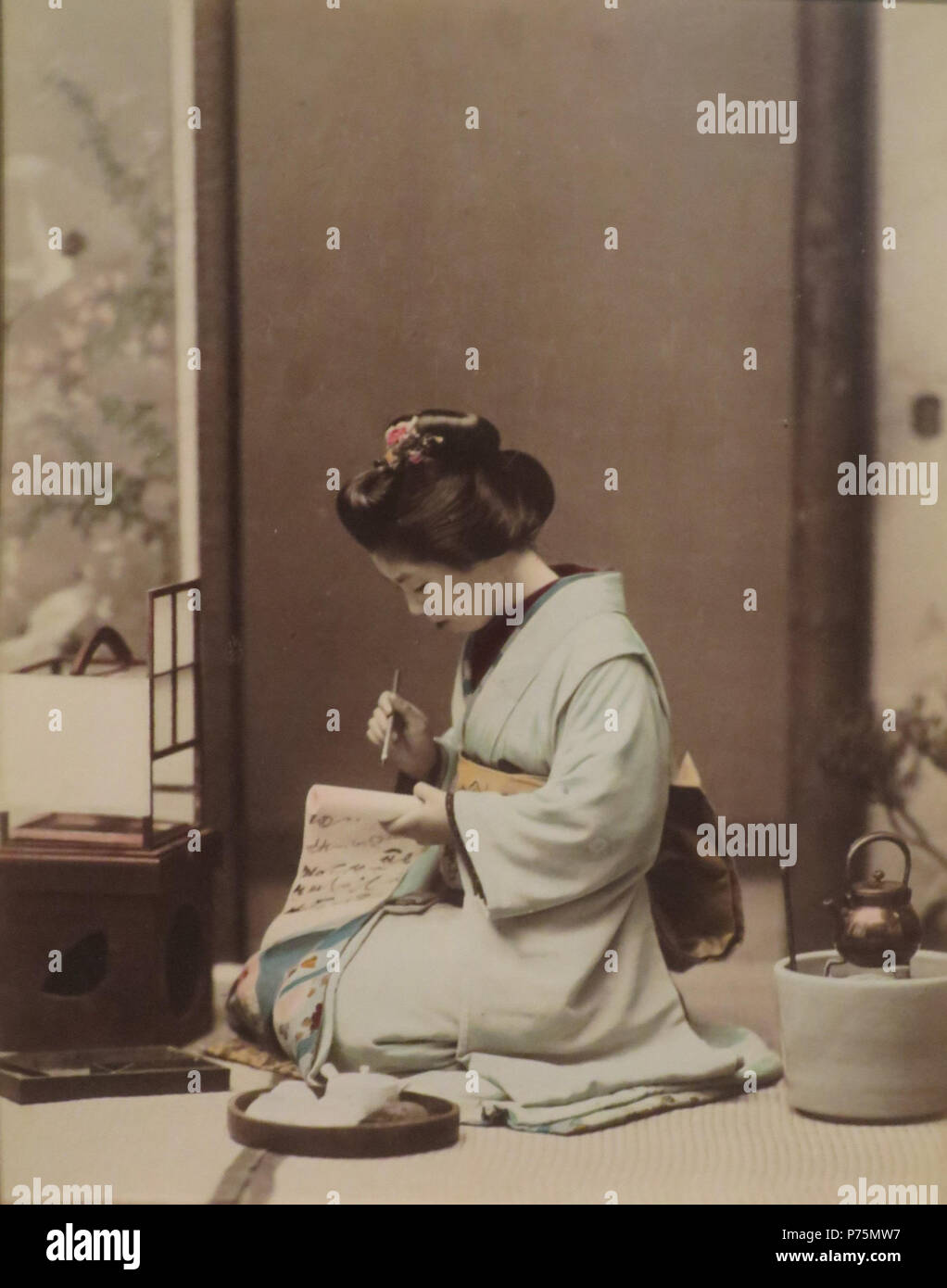 English: Woman Writing a Letter by Ogawa Kazumasa, c 1890, albumen on ...
