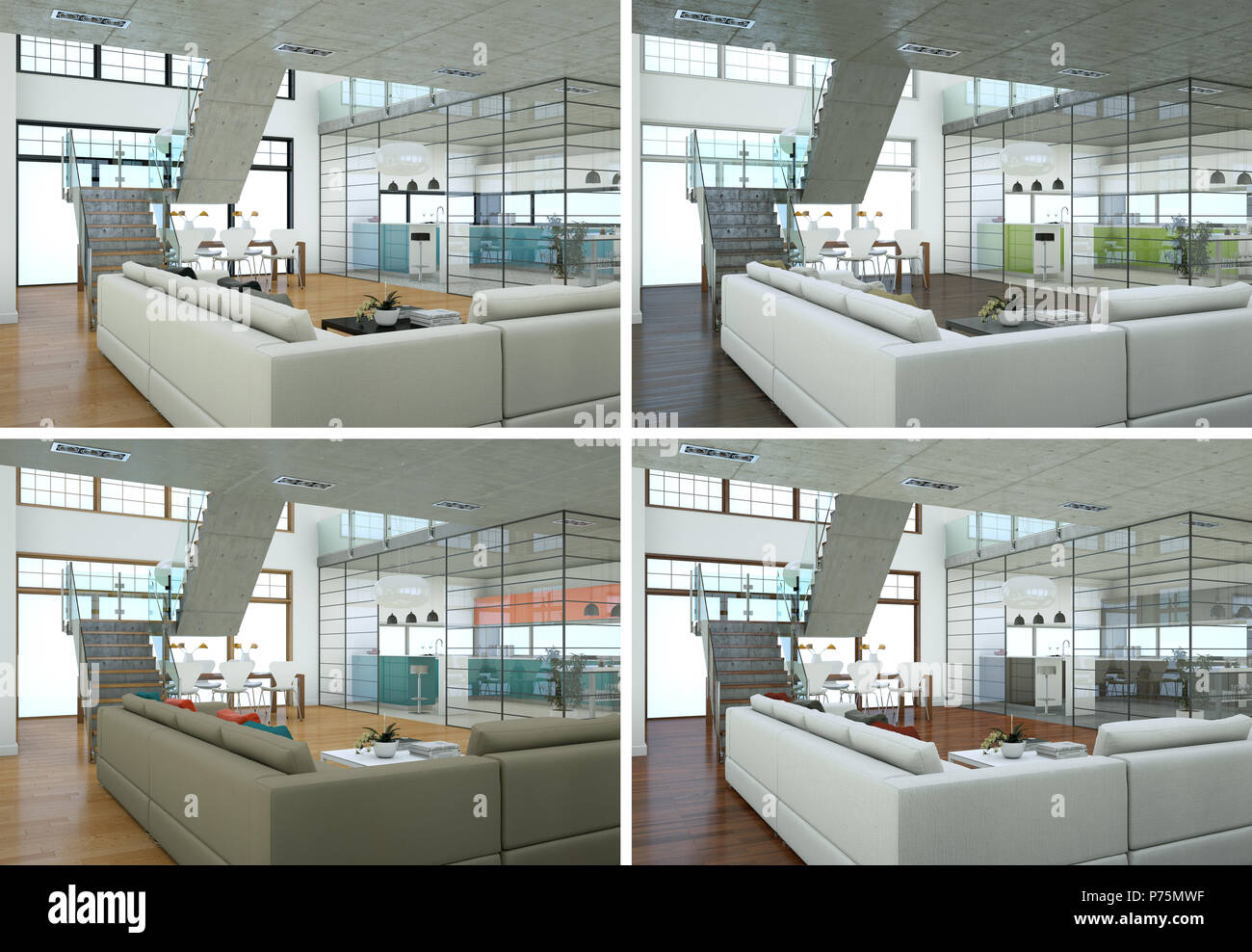 Four color variations of modern interior loft design Stock Photo - Alamy