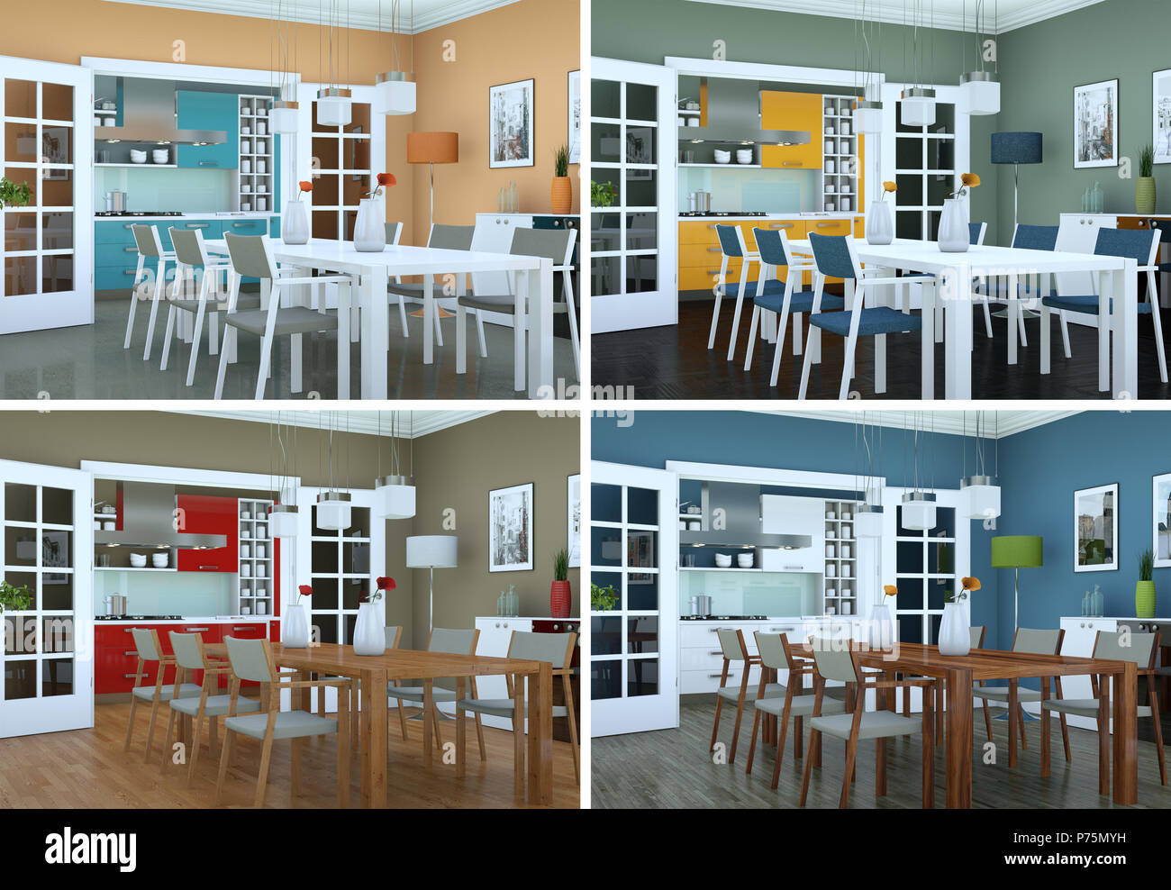 Four color variations of modern interior loft design Stock Photo - Alamy