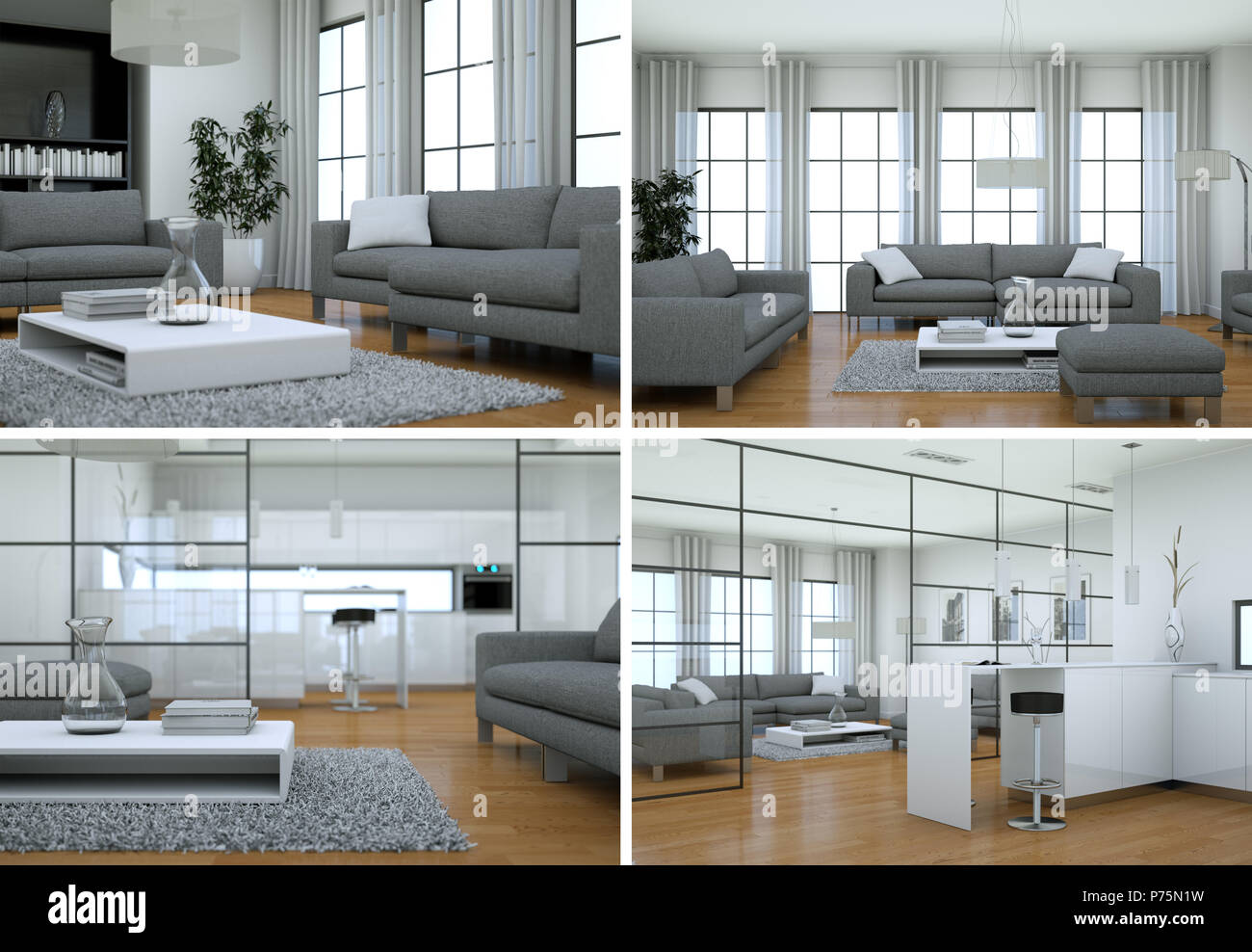 Four views of modern interior loft design Stock Photo - Alamy