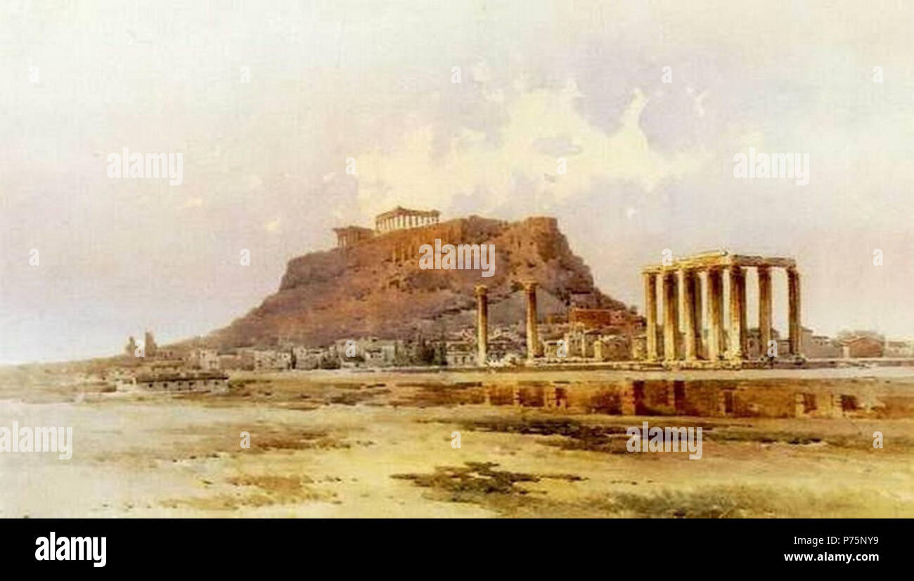 English: The temple of olympian zeus with the acropolis in the ...